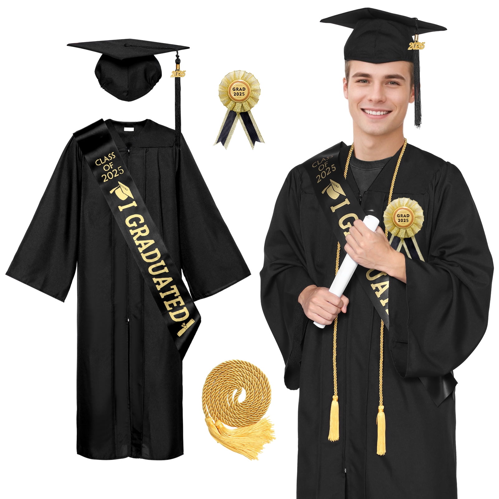 Alaiyaky Graduation Gown and Cap Set with 2025 Tassel, Honor Cord, Sash ...