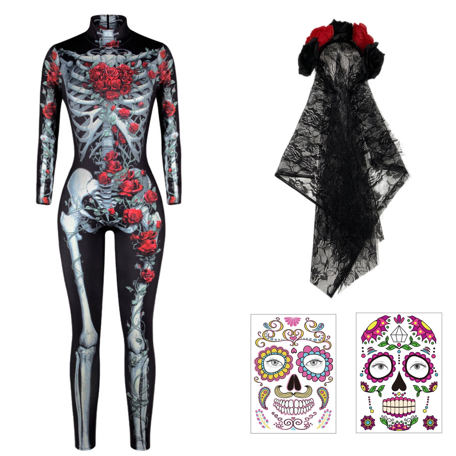 Alaiyaky Halloween Costumes for Women 3D Print Skeleton Jumpsuit ...