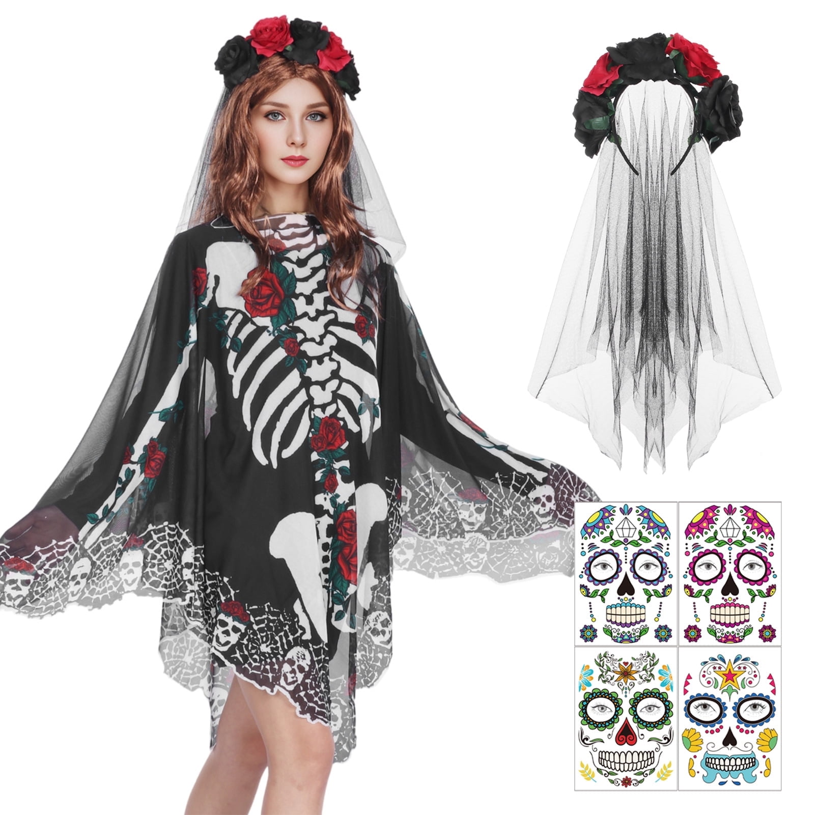 Alaiyaky Halloween Day of the Dead Rose Skeleton Poncho Costume and ...