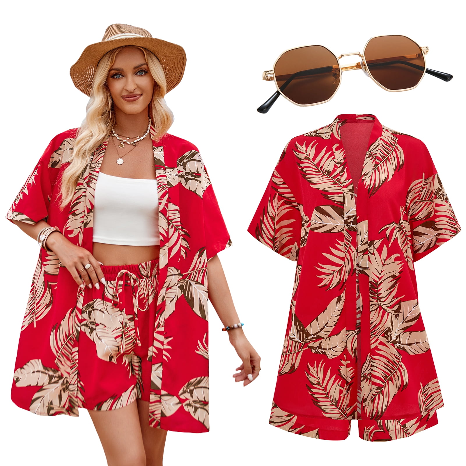 Womens Hawaiian Shirt Shorts Set 3 Piece Short Sleeve Outfits for ...