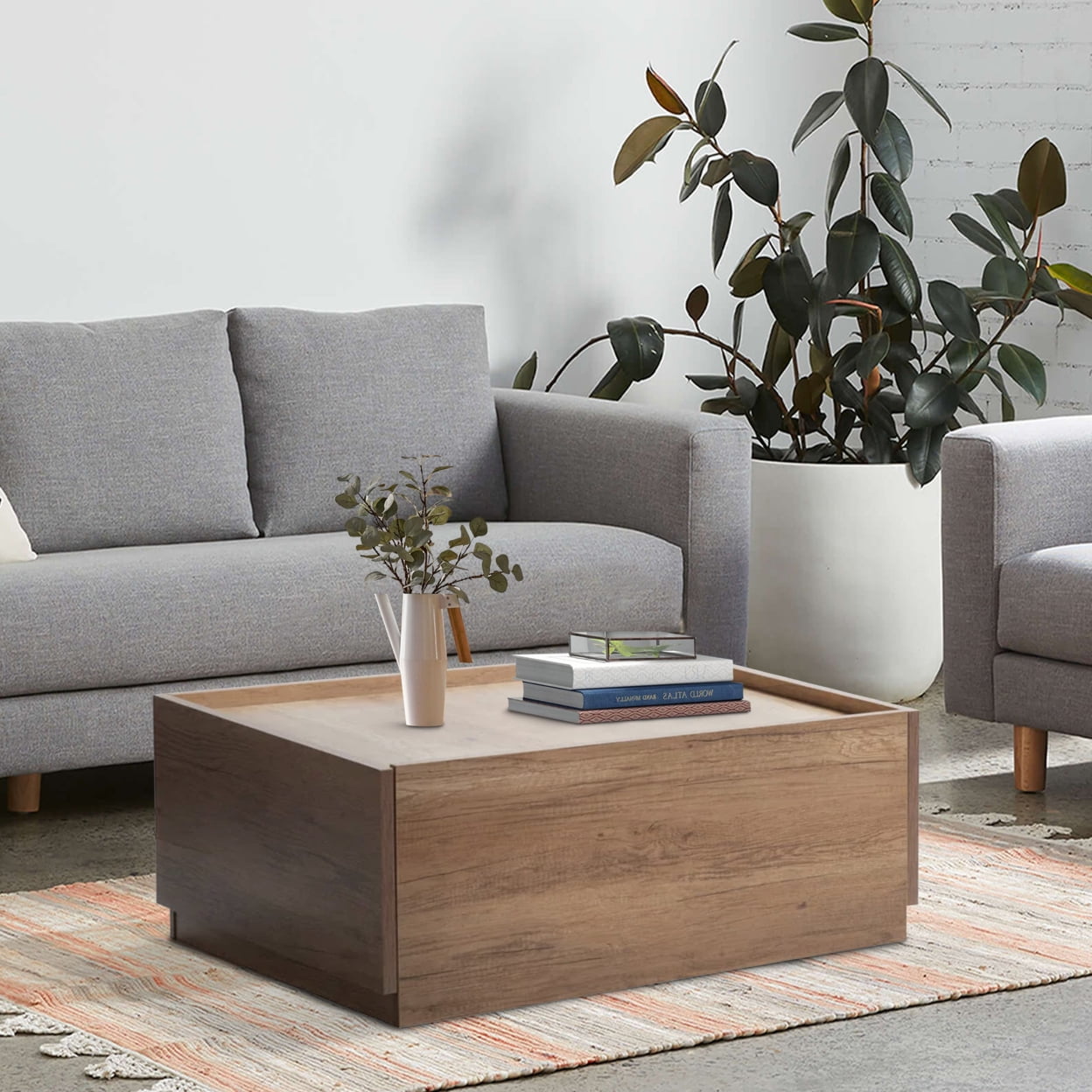 Alan 32 Inch Coffee Table with 2 Handleless Drawers, Raised Lip Top ...