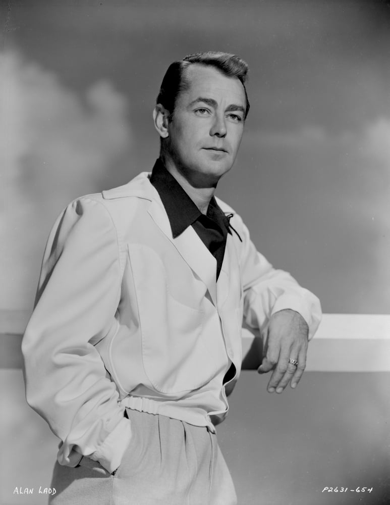 Alan Ladd Leaning on the Fence wearing a Glossy Suit in Black and White ...