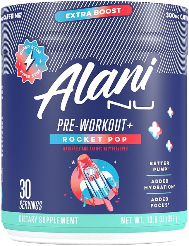 Alani Nu Pre-workout+ Powder, Rocket Pop, 30 Servings, 300mg Caffeine ...