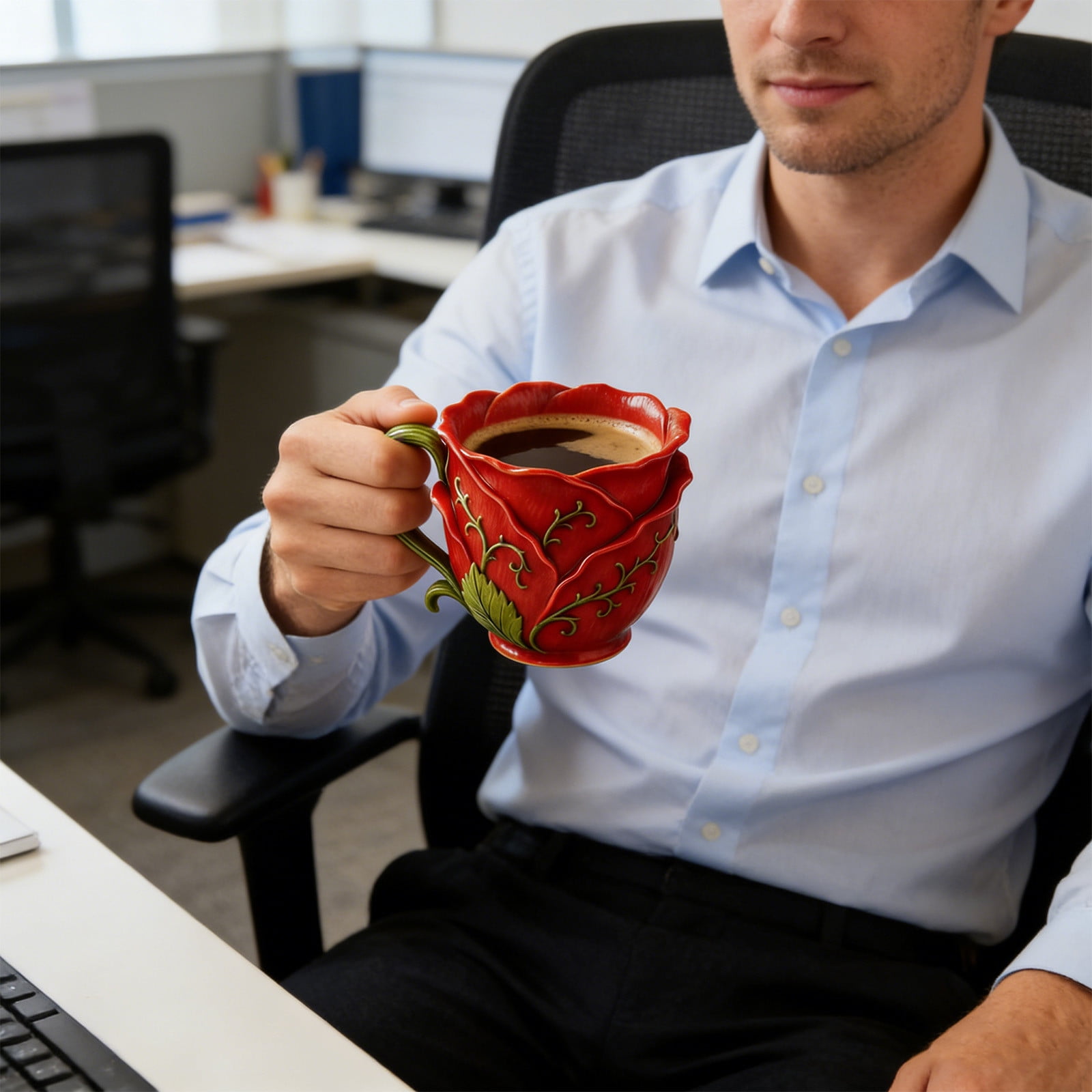 Alaparte Red Rose Resin Mug with Green Leaf Handle - Floral Art Coffee ...