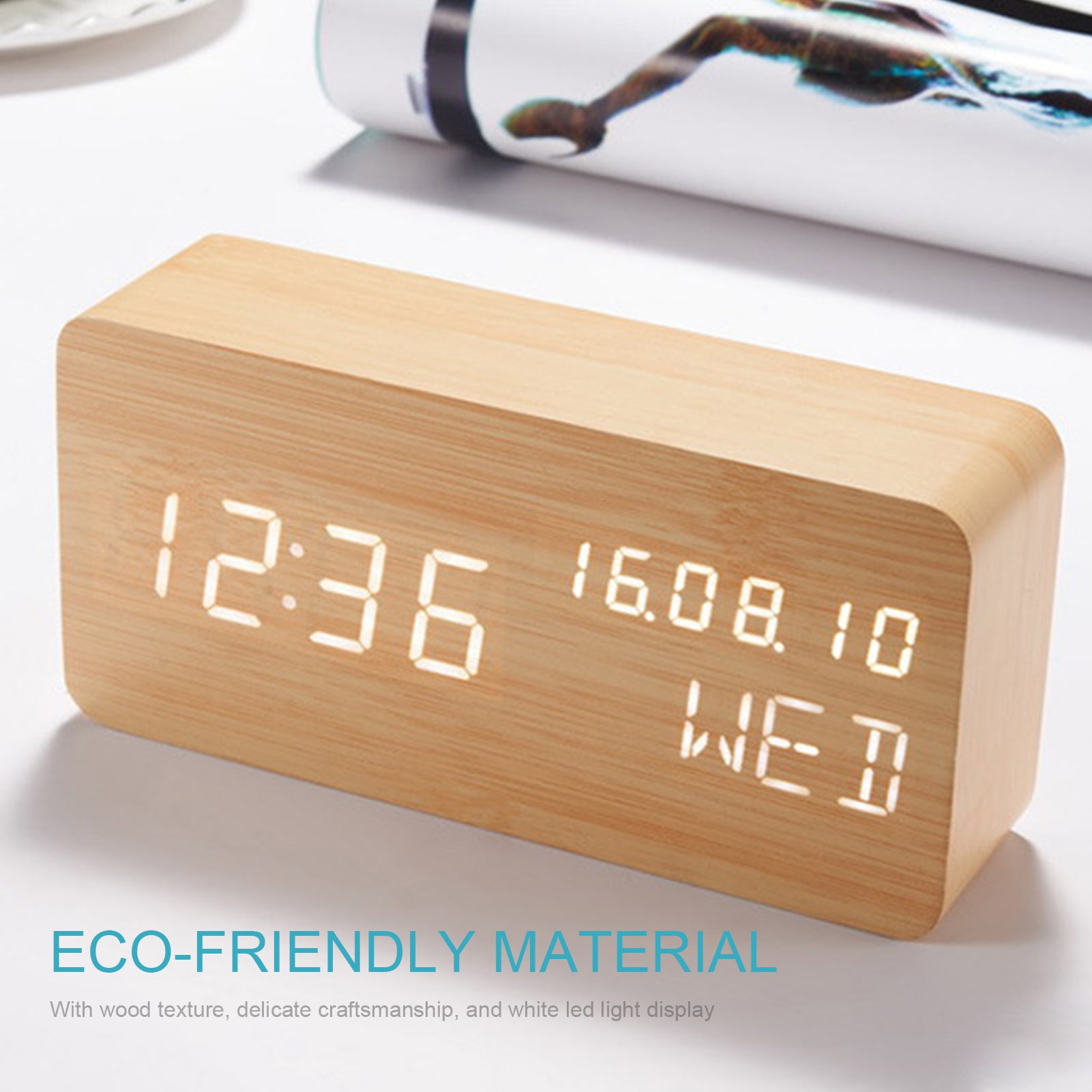 Alarm Clock,Clocks Bedroom Bedside Wooden Date Temperature Adjustable ...