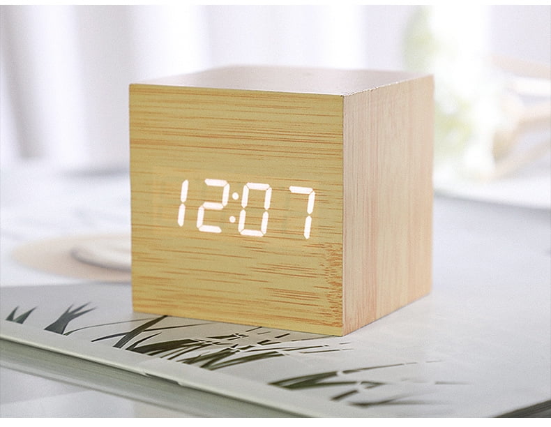 Alarm Clock LED Wooden Digital Table Clock Voice Control Wood ...