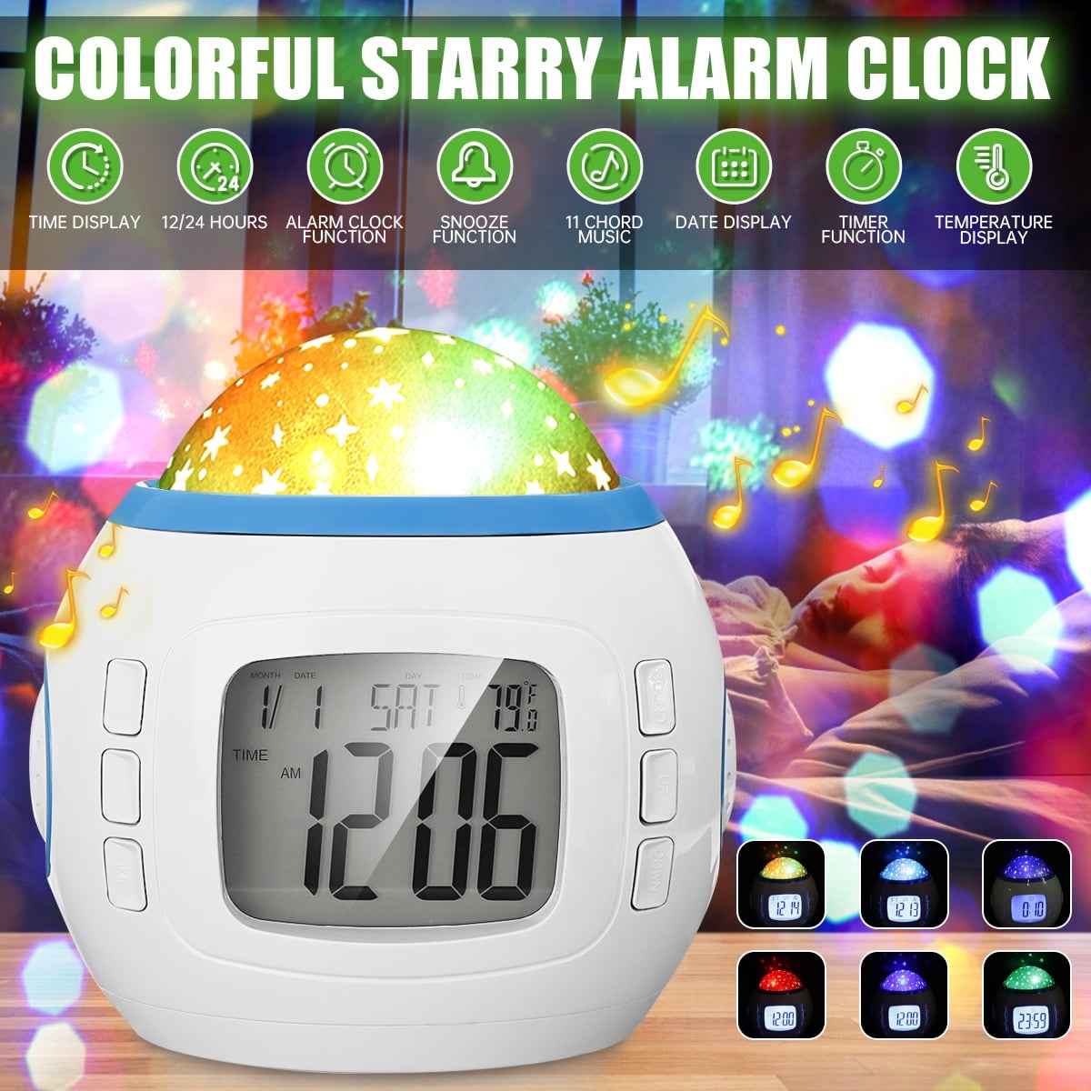 Alarm Clock, Night Light Music Night Light Alarm Clock With Temperature ...