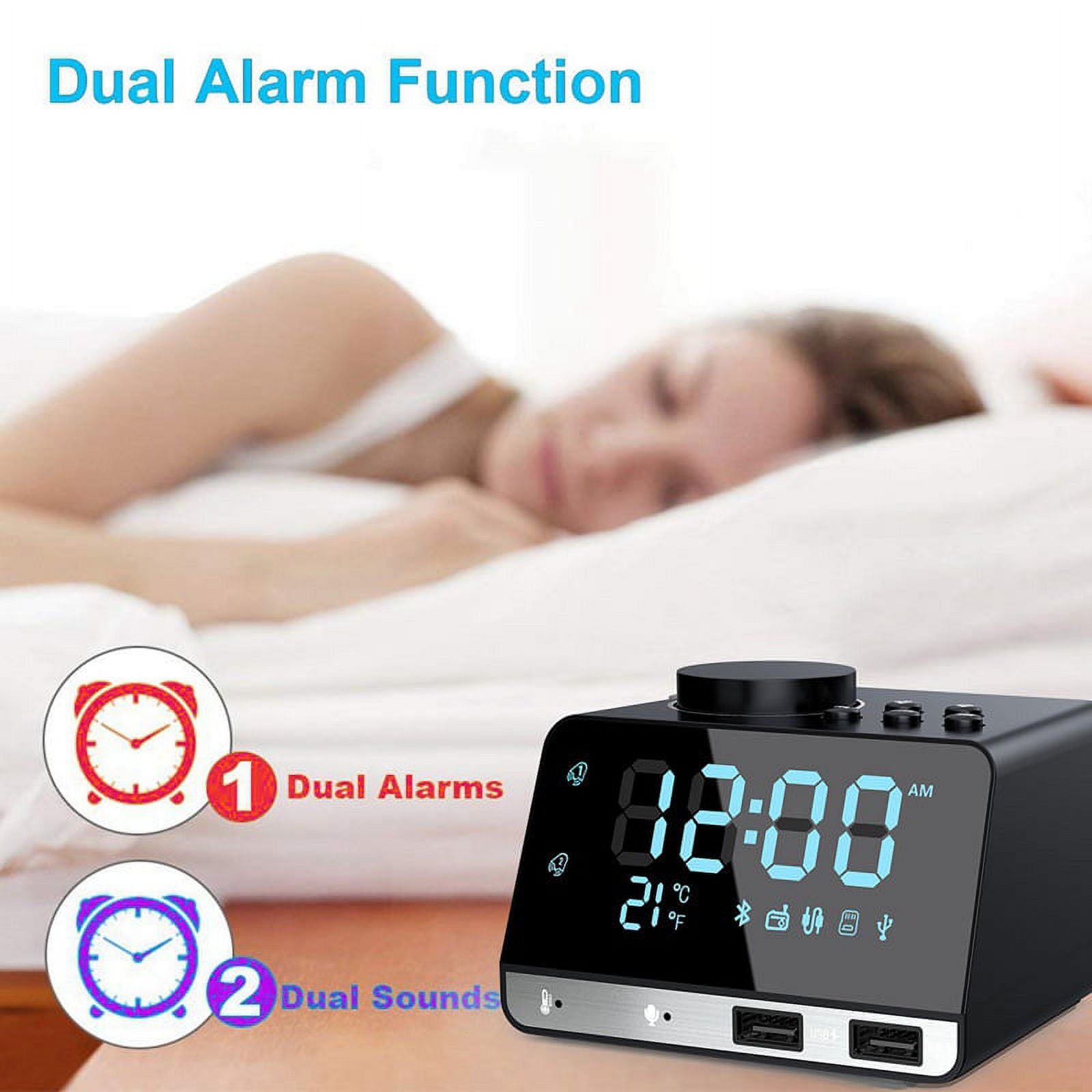 Alarm Clock Radio Bluetooth Speaker Dual Alarm Clocks with Dual USB ...