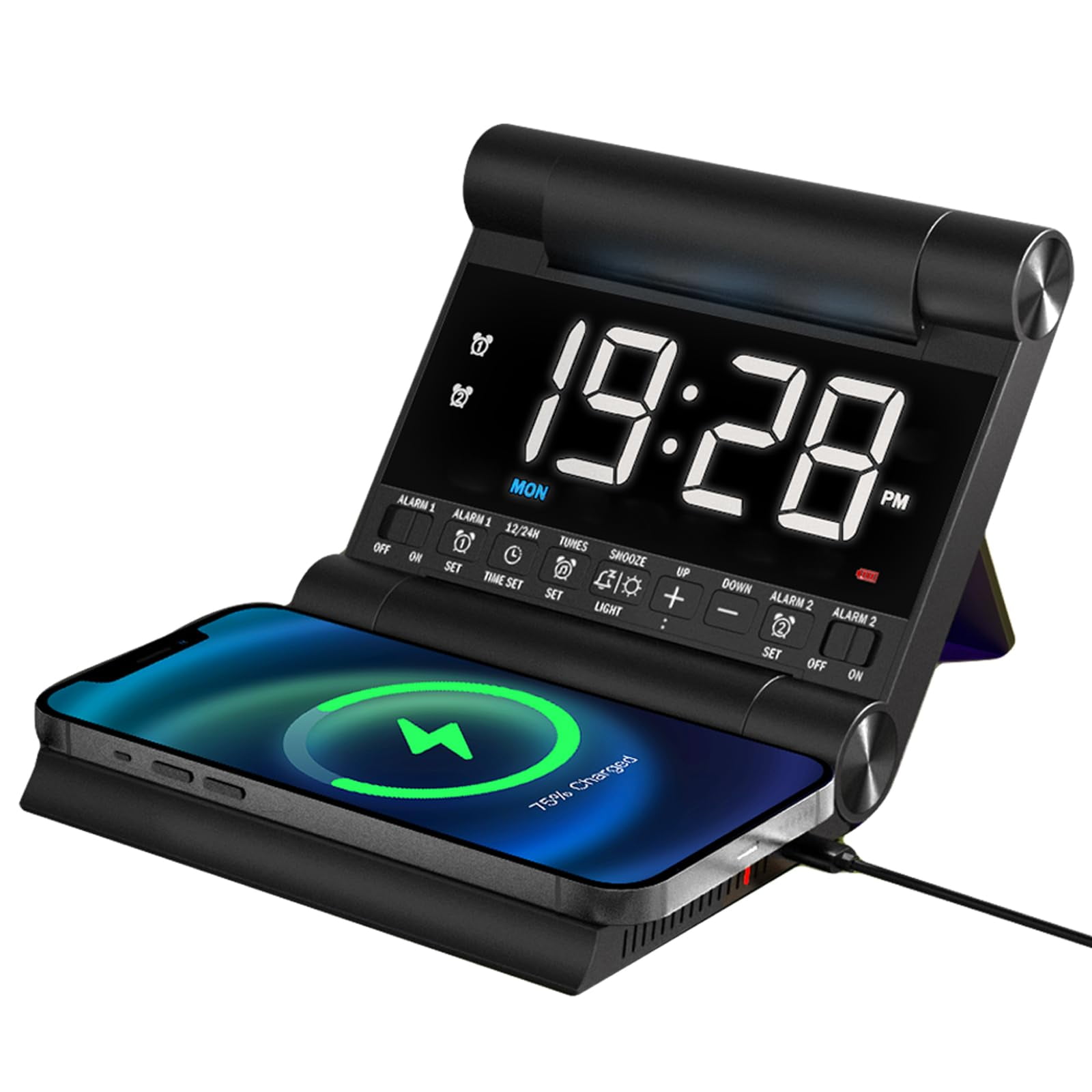 Alarm Clock with Wireless Charging for bedrooms, Heavy Sleepers, Travel ...