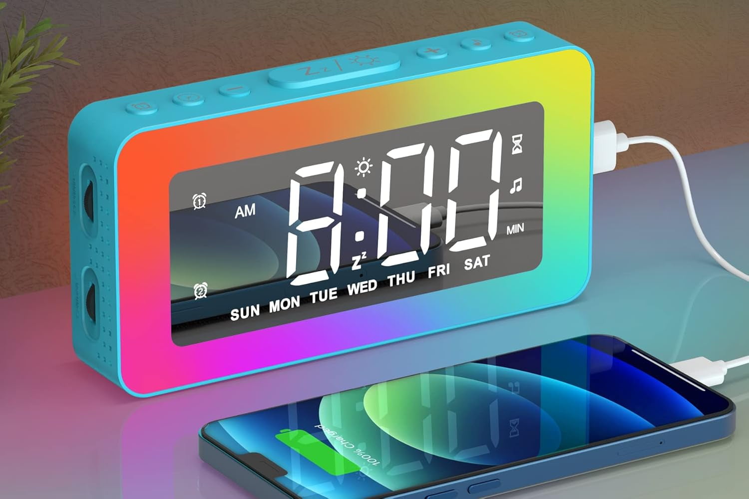 Alarm Clocks for Bedrooms, Mirror Clock with 8 RGB Atmosphere Light ...