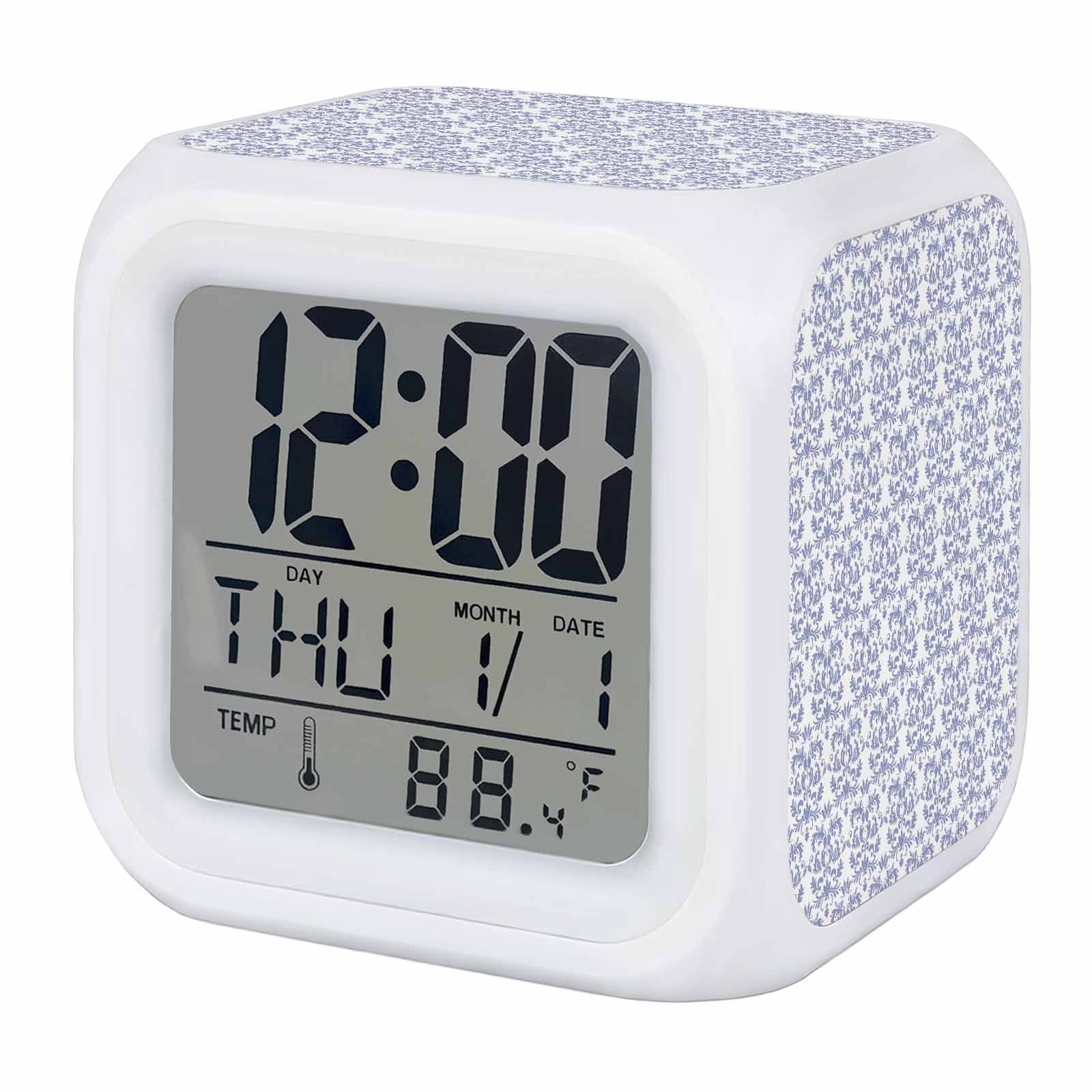 Alarm Clocks Blue Baroque Pattern Digital Clock 7 Color LED Night Light ...