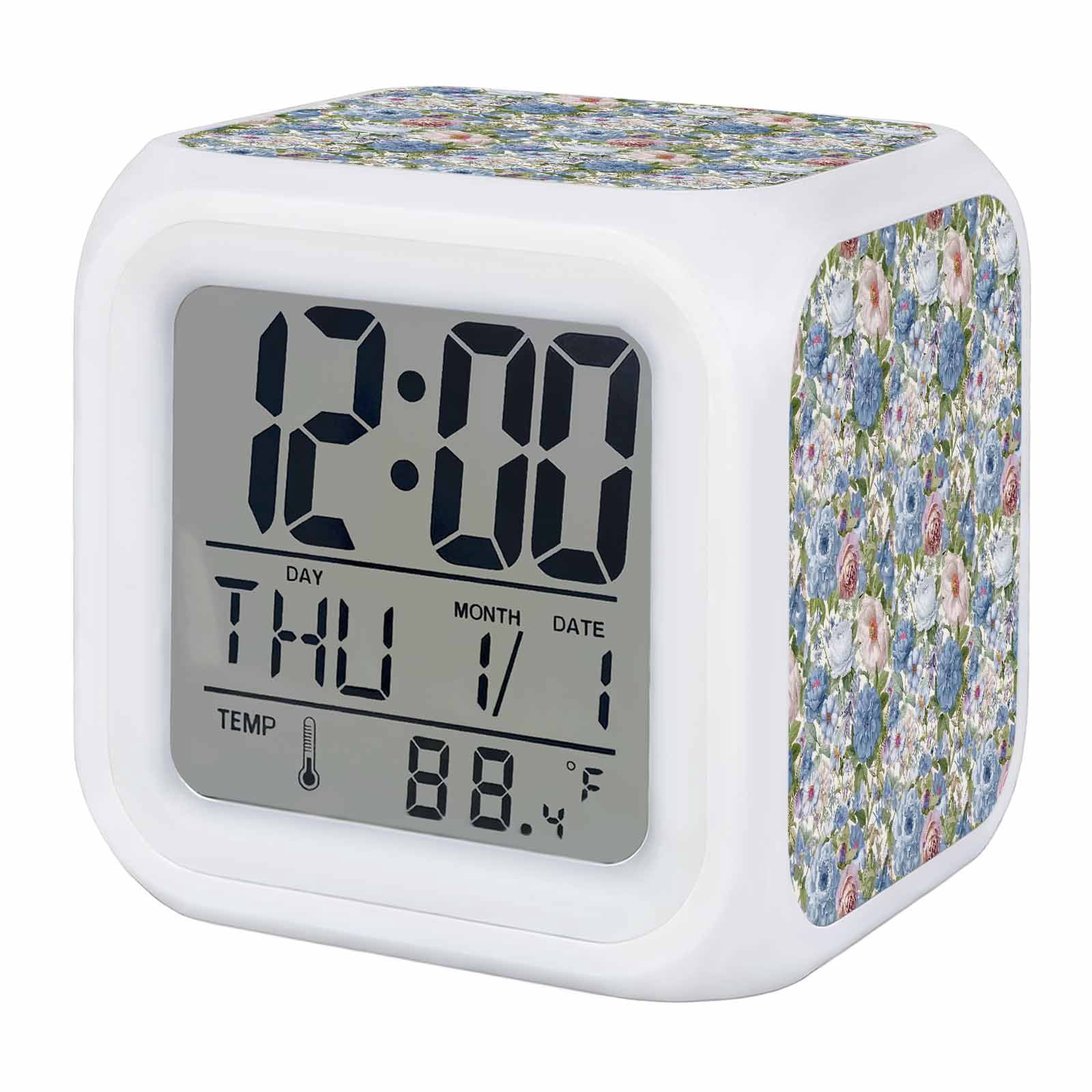 Alarm Clocks Blue Bloom Flowers Digital Clock 7 Color LED Night Light ...