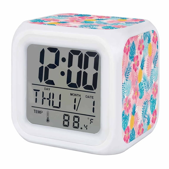 Alarm Clocks Blue Palm Leaves Digital Clock 7 Color LED Night Light ...