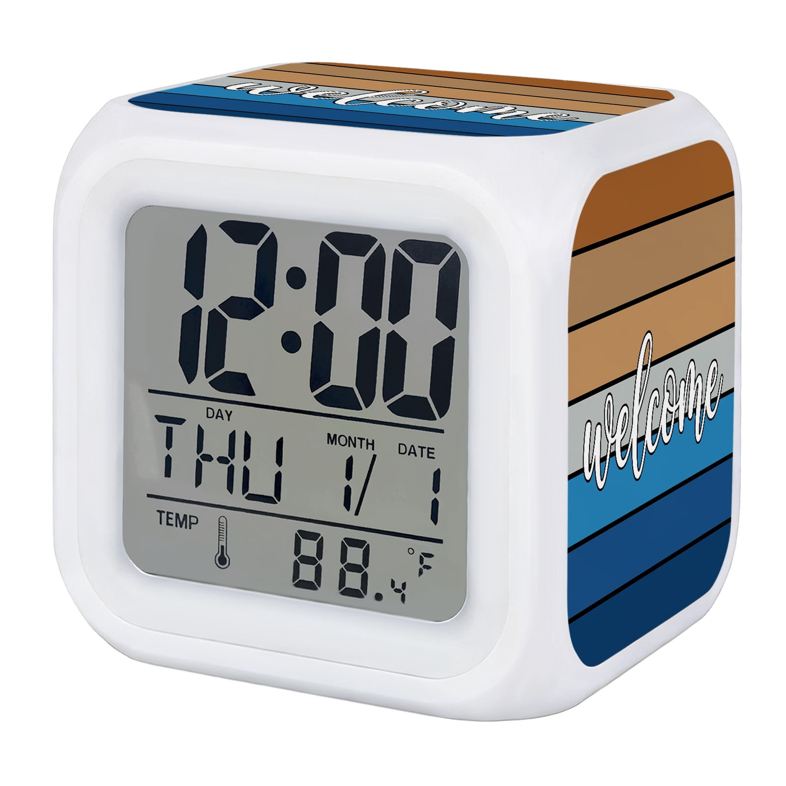 Alarm Clocks Brown Blue Stripes Digital Clock 7 Color LED Night Light ...