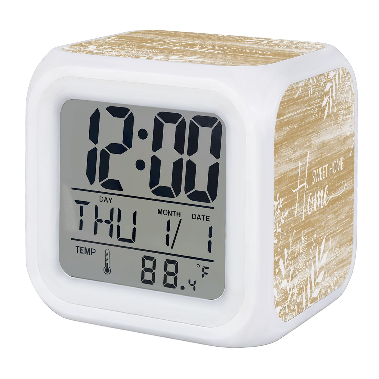 Alarm Clocks Brown Wood Grain Digital Clock 7 Color LED Night Light ...