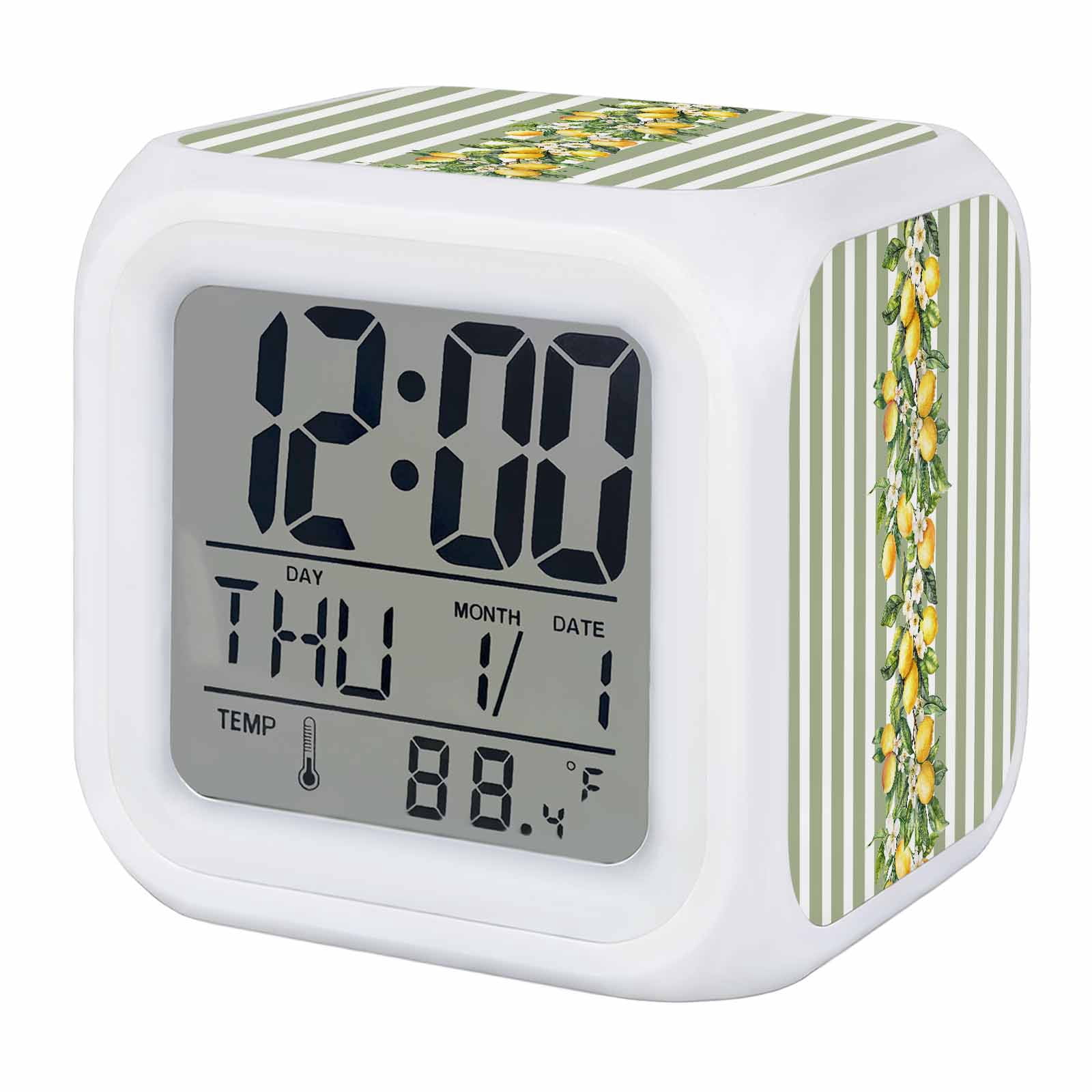 Alarm Clocks Lemon Sage Green Stripes Digital Clock 7 Color LED Night ...