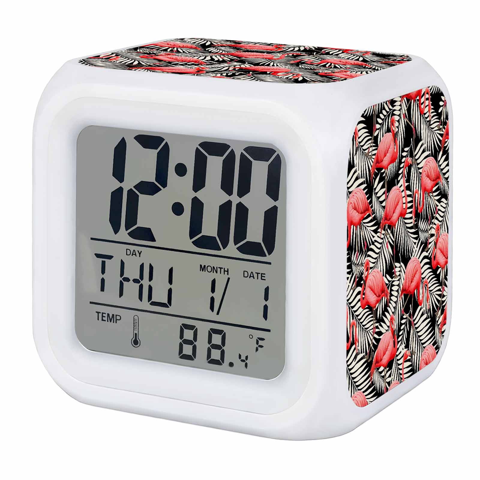 Alarm Clocks Pink Flamingo Digital Clock 7 Color LED Night Light Silent ...