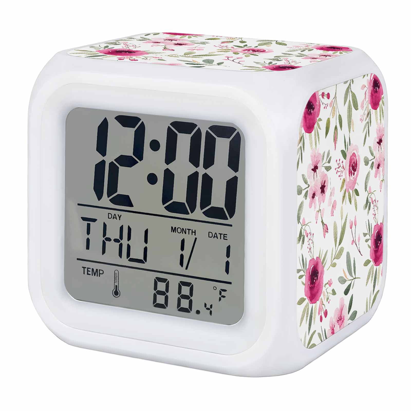 Alarm Clocks Pink Flowers Digital Clock 7 Color LED Night Light Silent ...