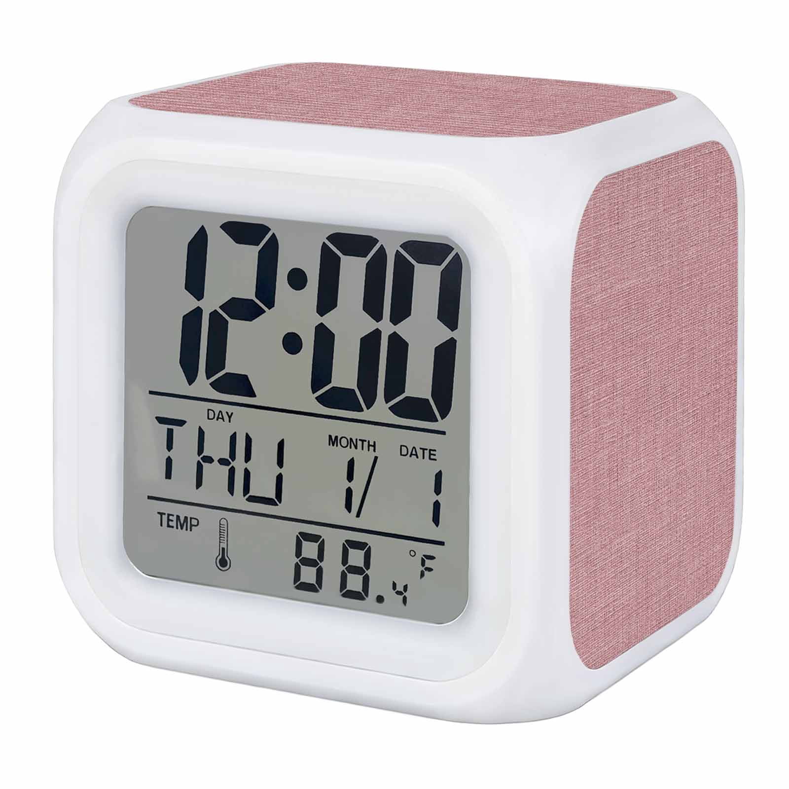 Alarm Clocks Pink Linen Digital Clock 7 Color LED Night Light Silent ...
