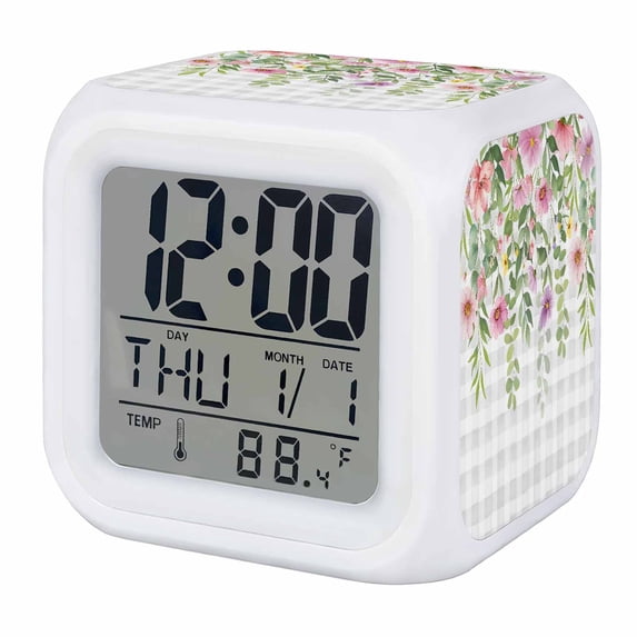 Alarm Clocks Pink Wildflowers Digital Clock 7 Color LED Night Light ...