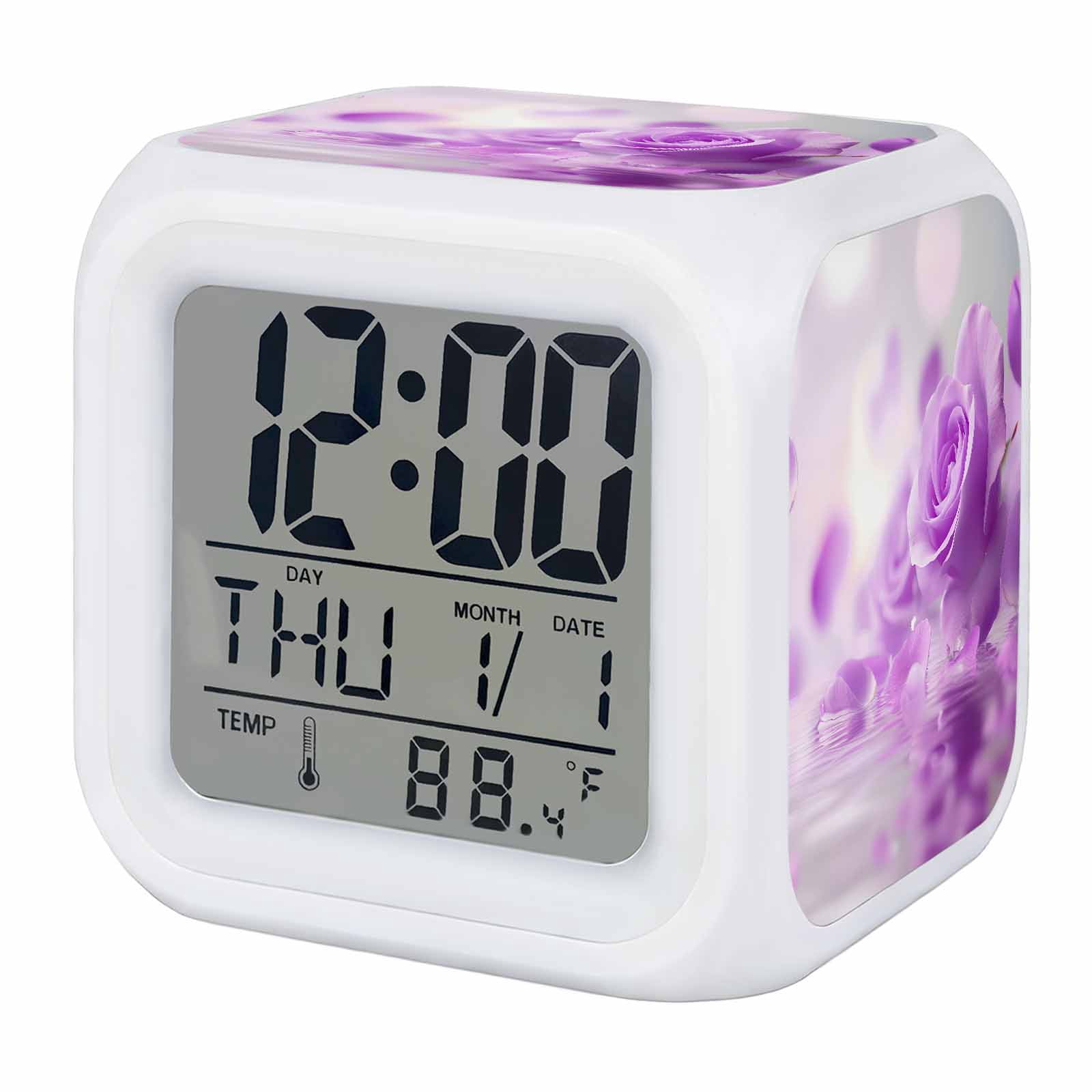 Alarm Clocks Purple Rose Digital Clock 7 Color LED Night Light Silent ...