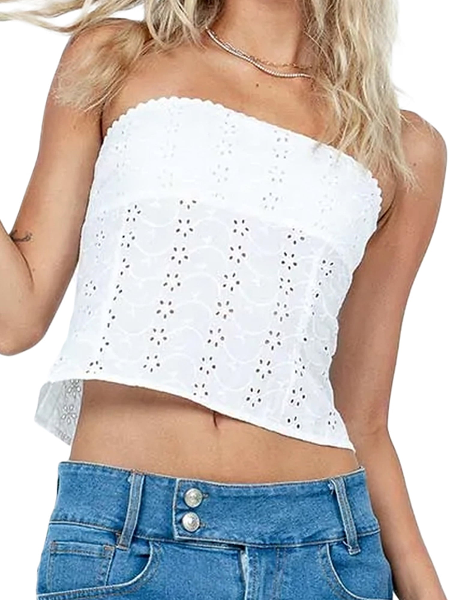 Alaselegantes Womens Y2k Sexy Sheer Lace Frill Strapless Tube Crop Tops