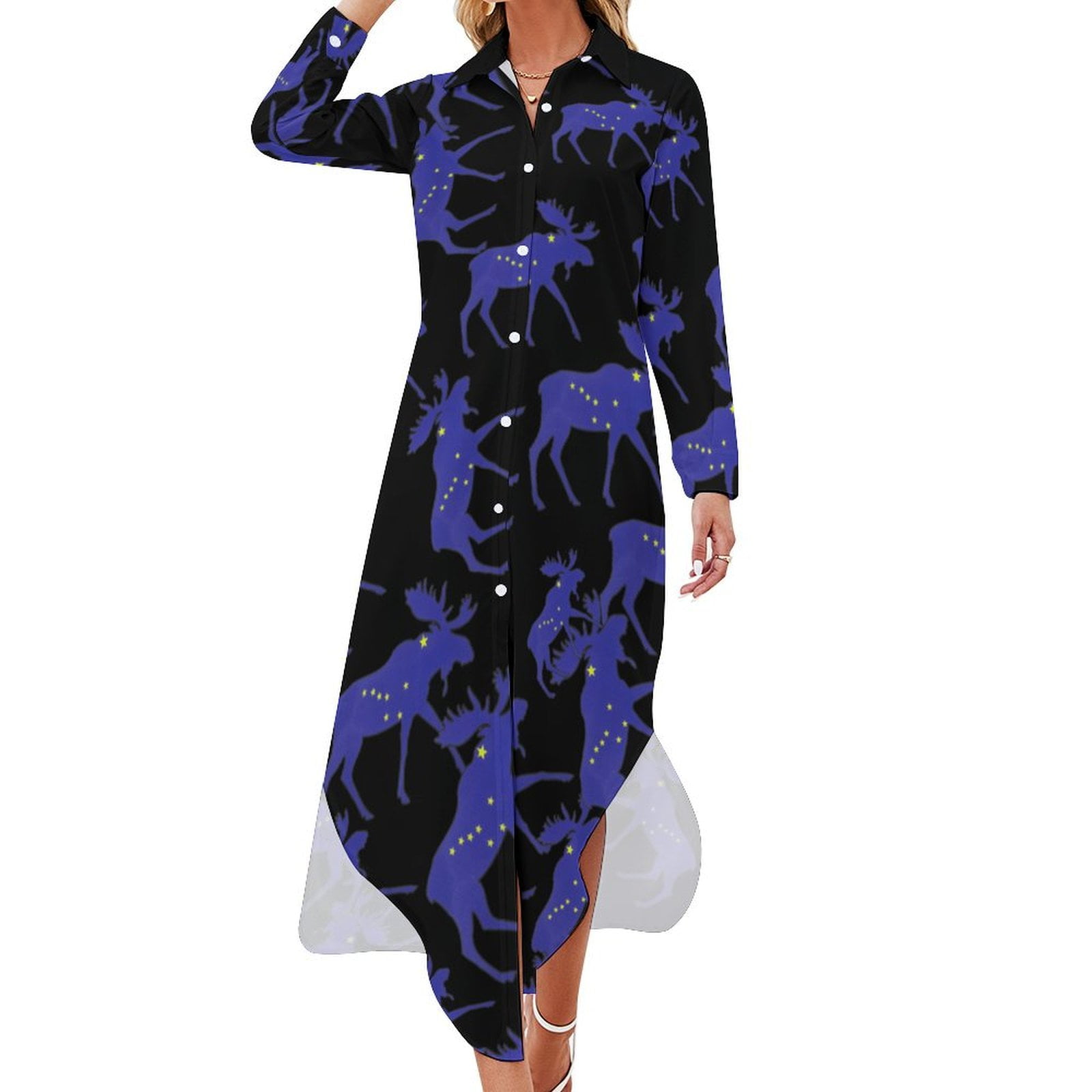 Alaska Flag Moose Women's Maxi T Shirt Dress Long Sleeve Lapel Summer ...