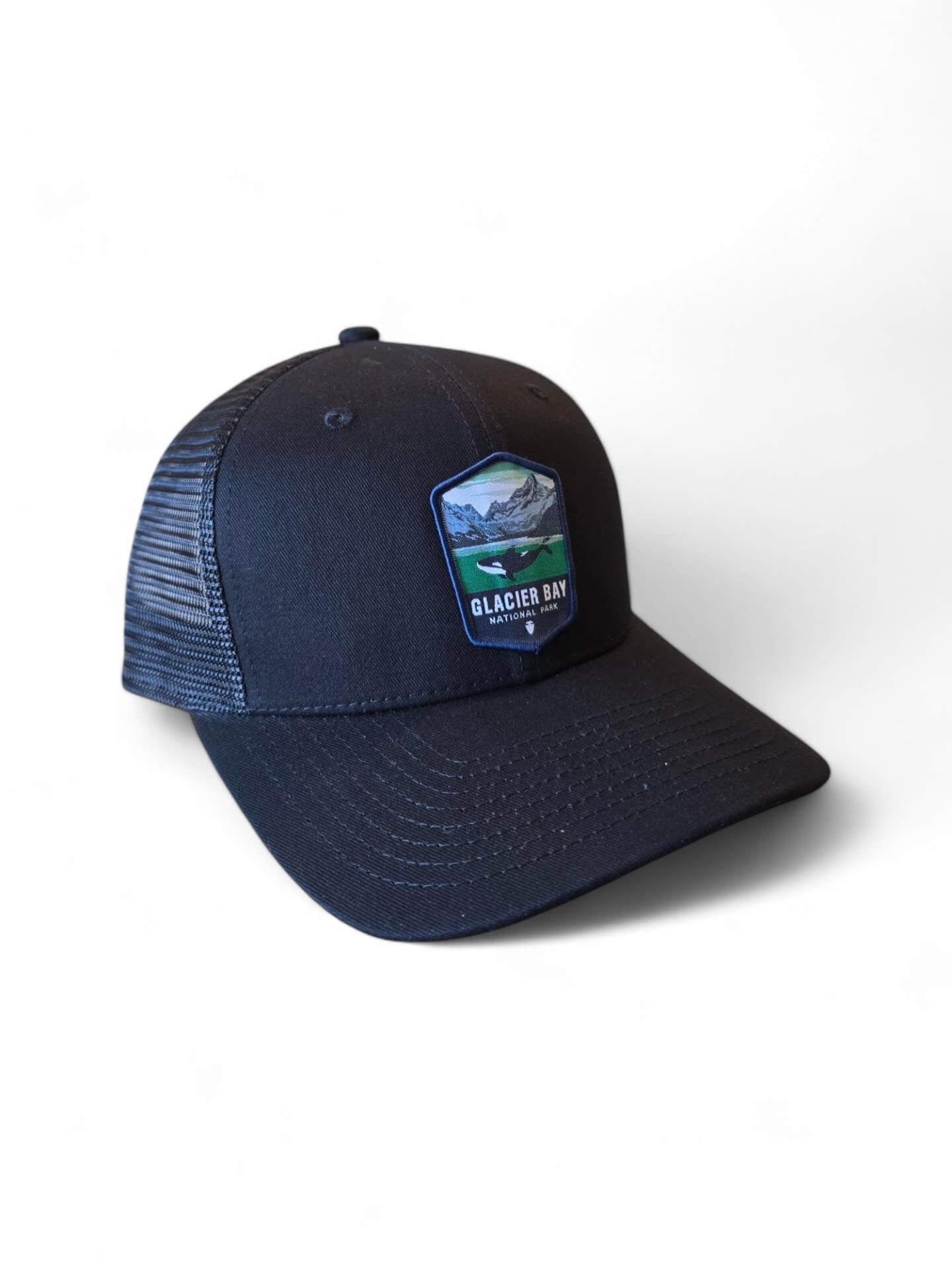 Alaska Glacier Bay National Park Trucker Snapback Hat - Black on Black ...