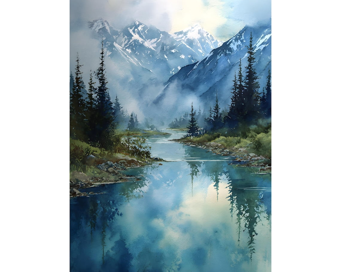 Alaska Lake Snow Capped Mountain Pine Forest Art Poster Unframed Paper ...