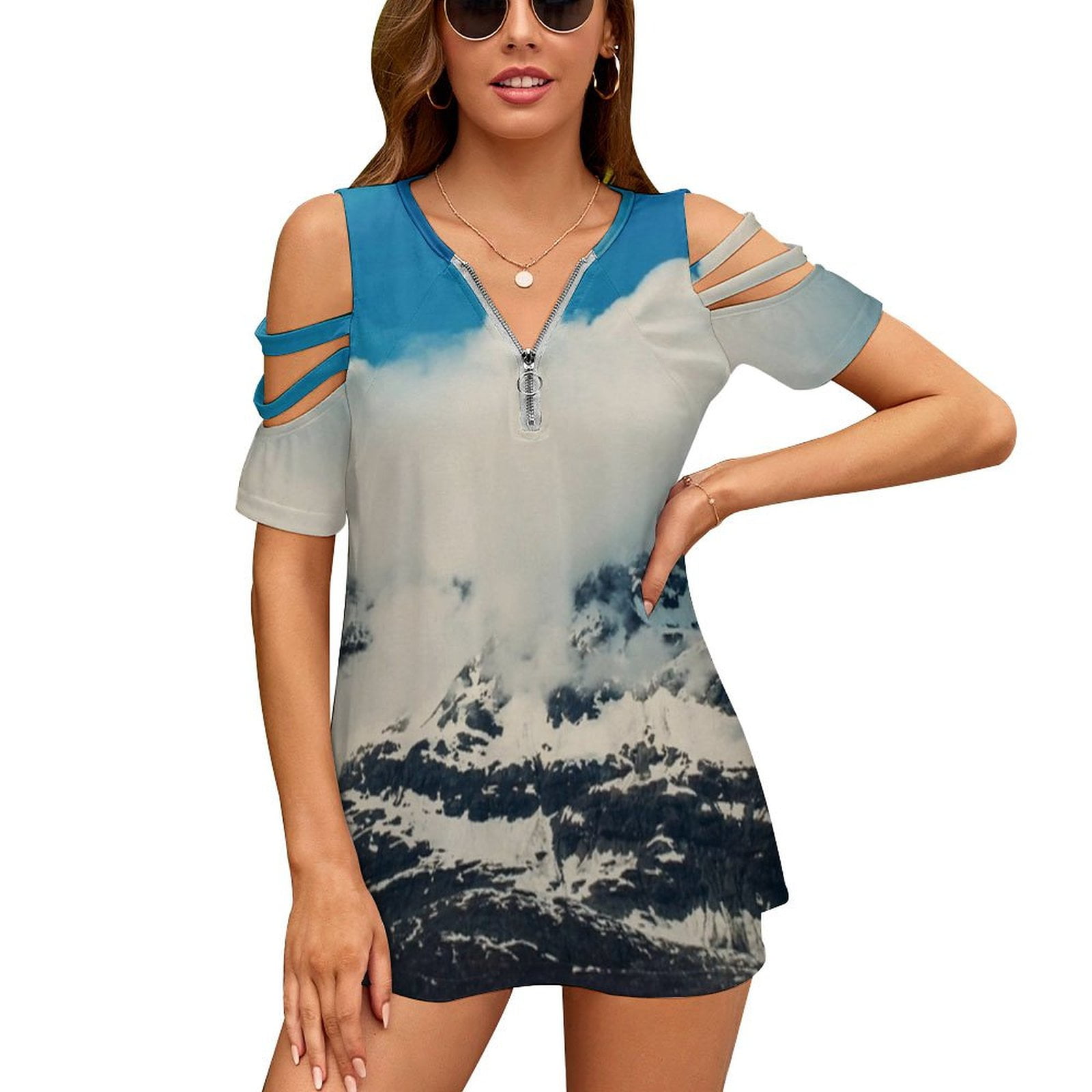 Alaska Mountain Lotus Leaf Neck T-Shirt Long Sleeve Printed Fall T ...