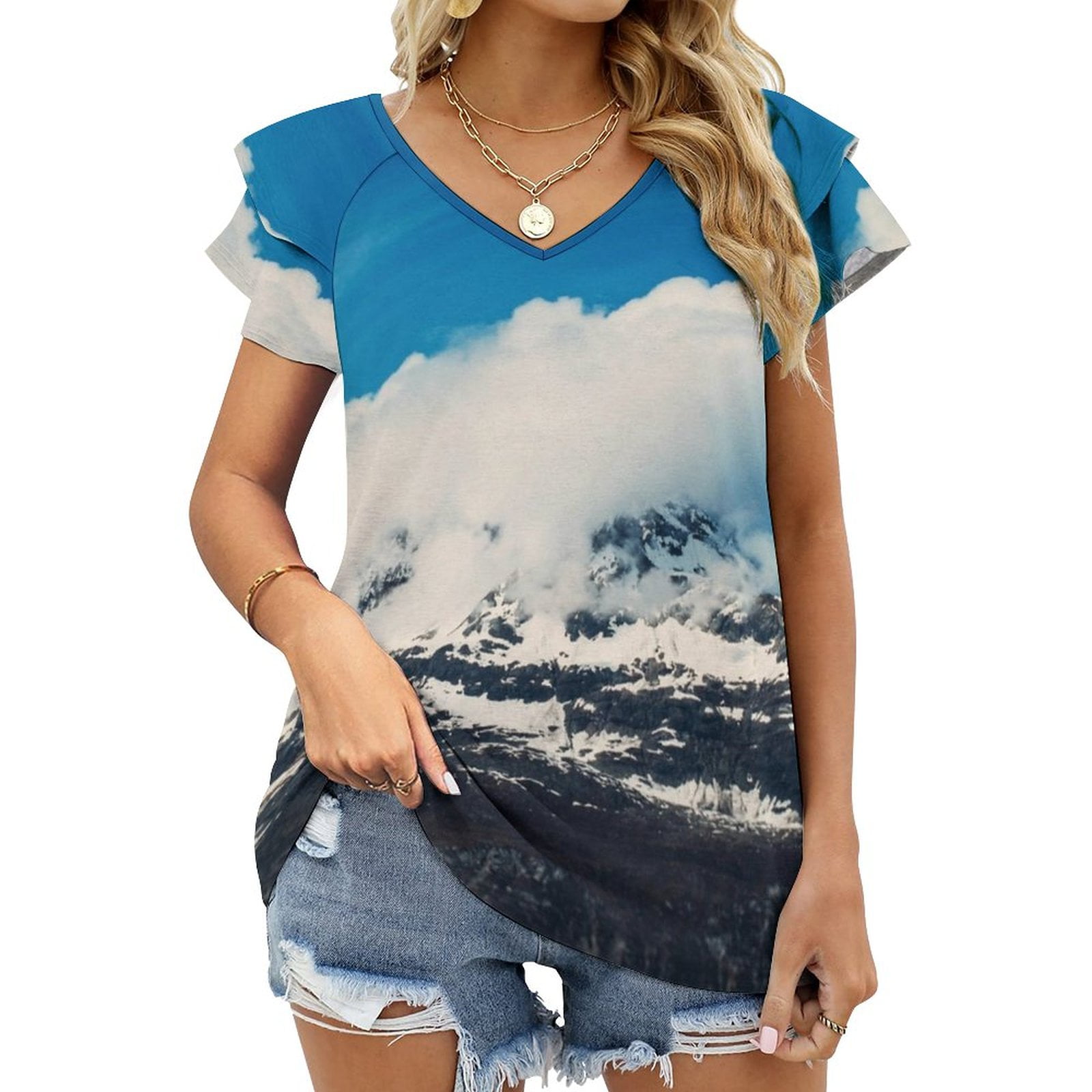 Alaska Mountain Lotus Leaf Neck T-Shirt Long Sleeve Printed Fall T ...