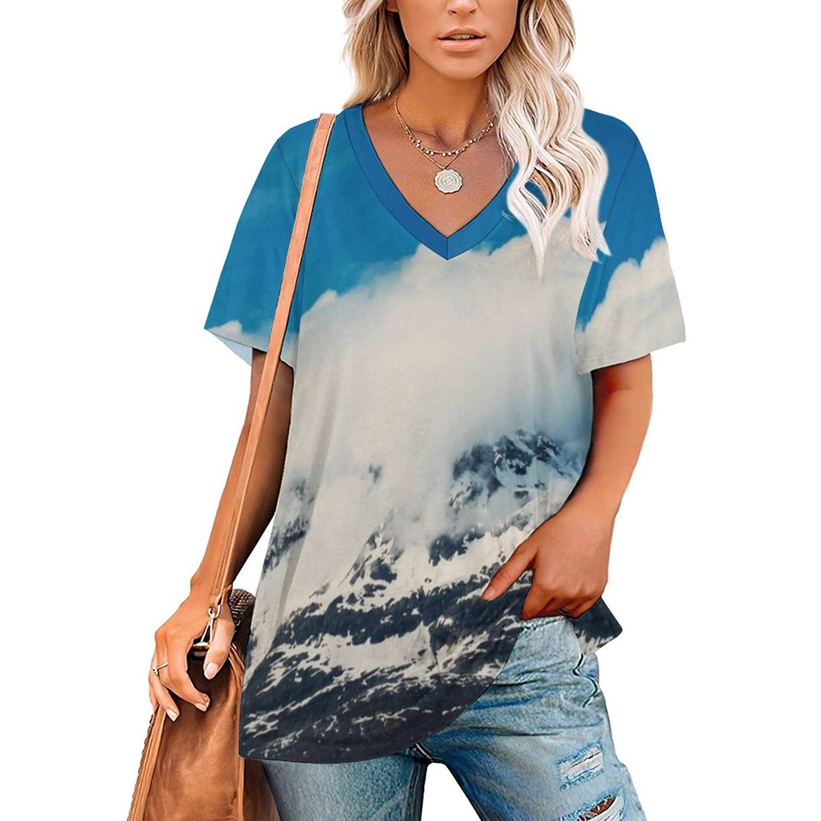 Alaska Mountain Lotus Leaf Neck T-Shirt Long Sleeve Printed Fall T ...