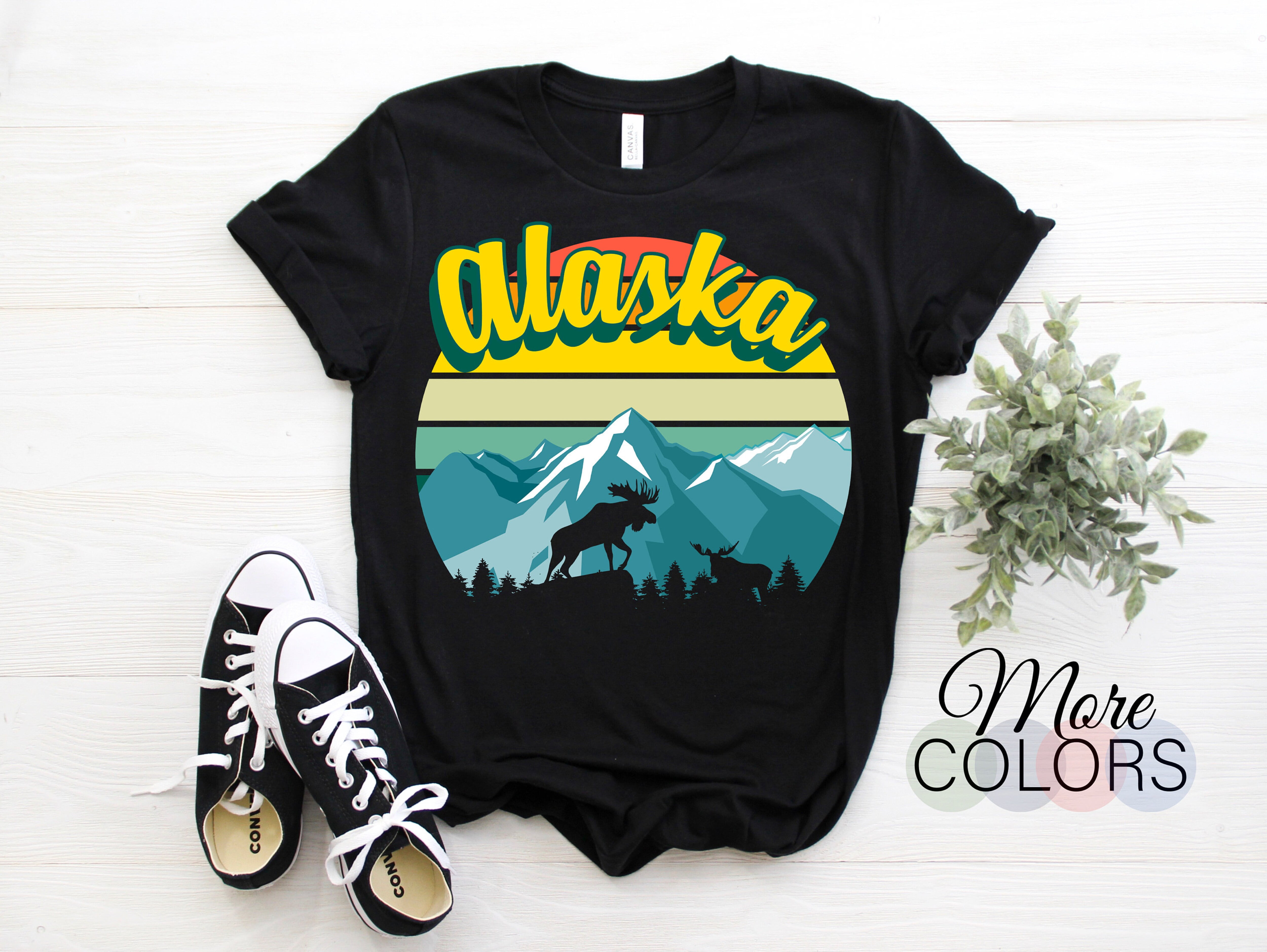 Alaska Mountain Moose Wildlife Retro Vintage Sunset T-Shirt Alaska ...