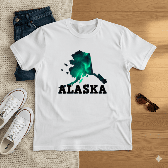 Alaska Northern Lights Map Outline Aurora Wildlife Art Unisex T-Shirt ...