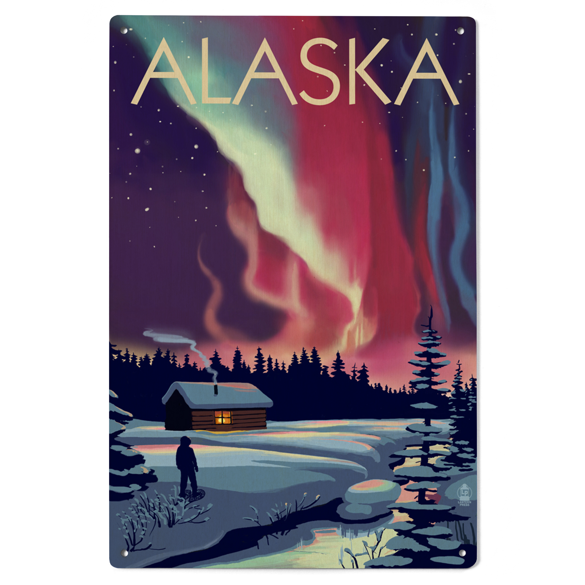Alaska, Northern Lights and Cabin Birch Wood Wall Sign (6x9 Rustic Home ...