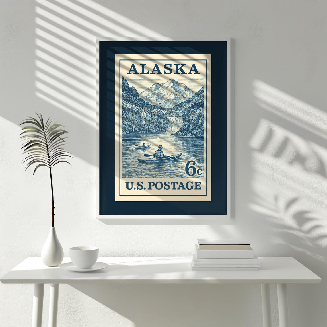 Alaska Postage Stamp Poster Vintage Style Engraved Glacier & Kayak Wall ...