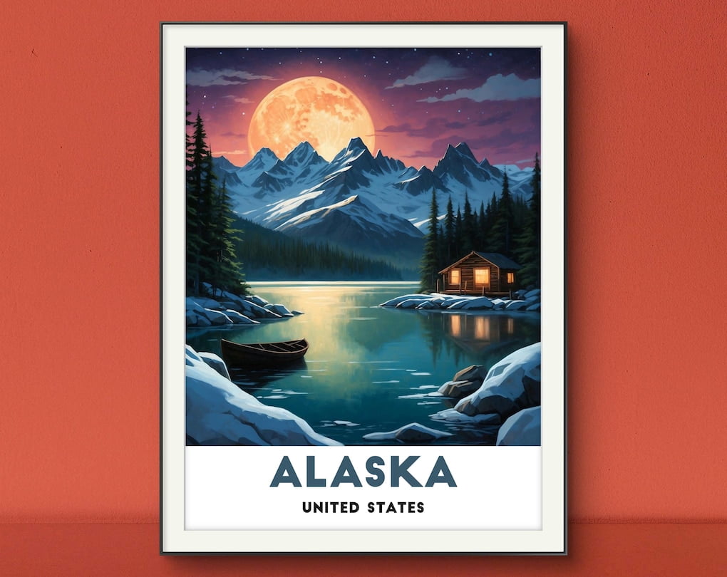 Alaska Poster - Tranquil Cabin By Moonlit Lake - United States Poster ...