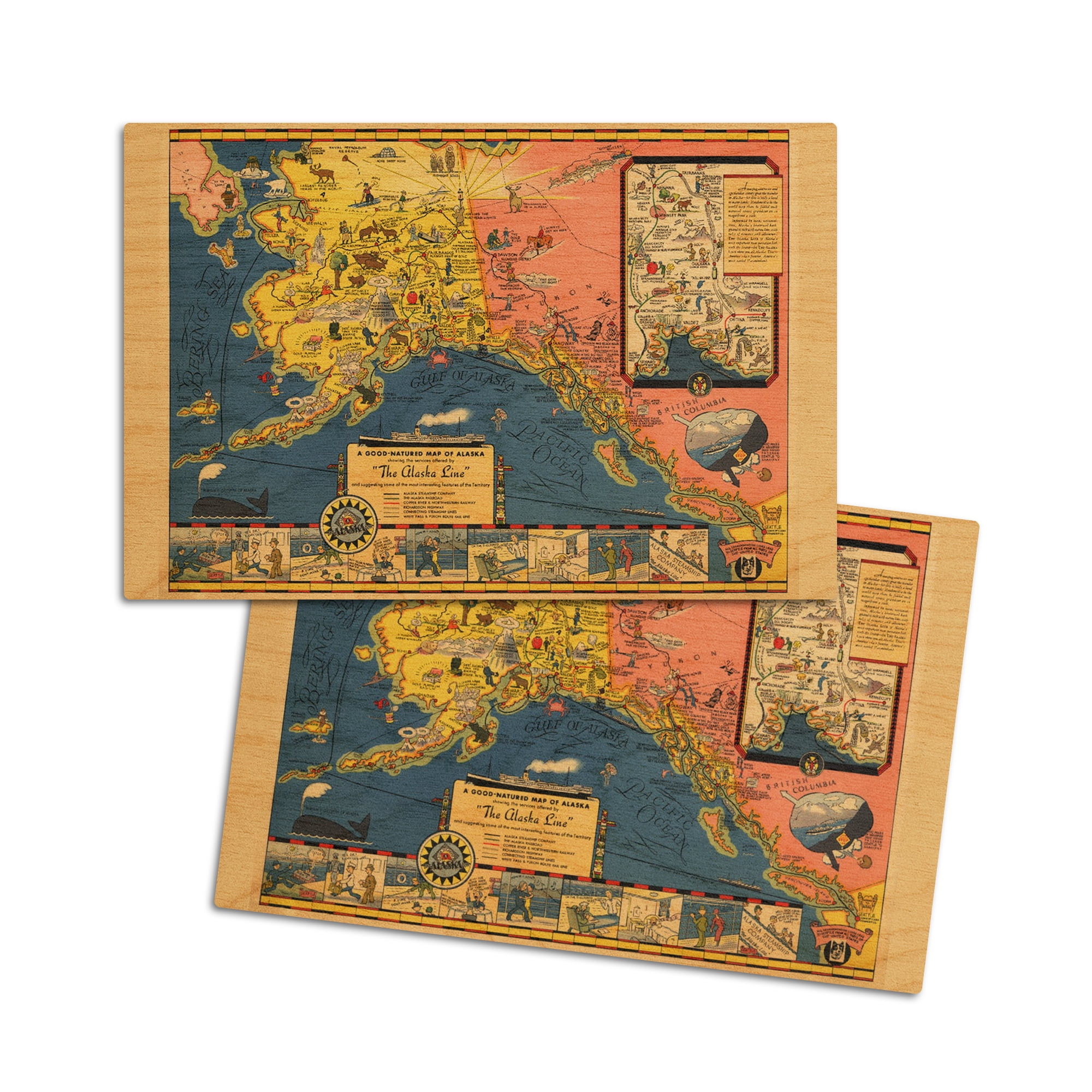 Alaska Steamship Company, (1934), Map (4x6 Birch Wood Postcards, 2-Pack ...