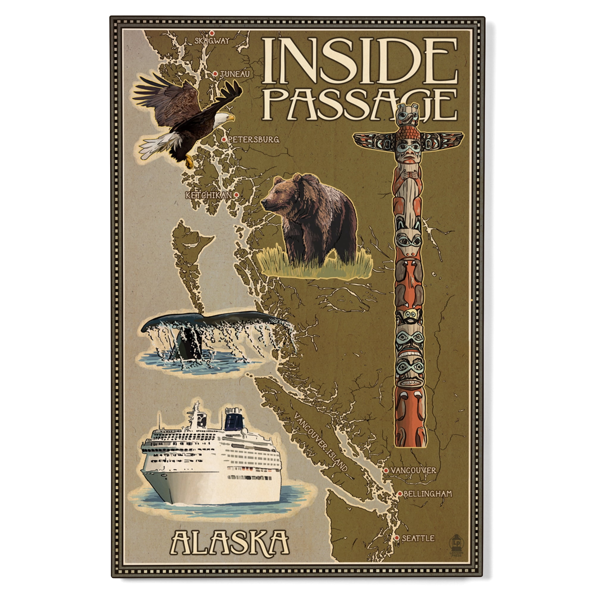 Alaska's Inside Passage Map Birch Wood Wall Sign (12x18 Rustic Home ...