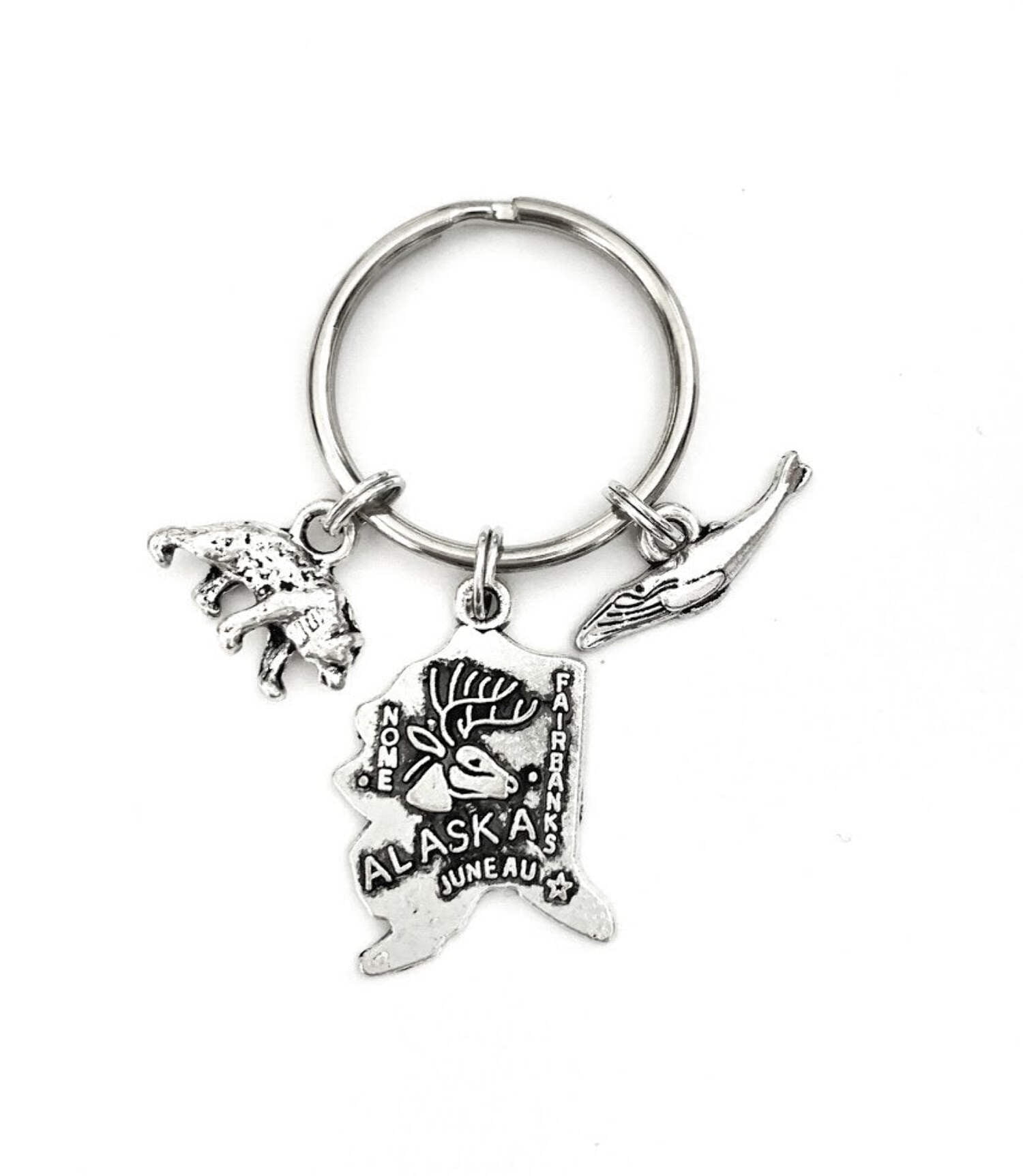 Alaska themed keychain. Includes State of Alaska, Kodiak Bear, and ...