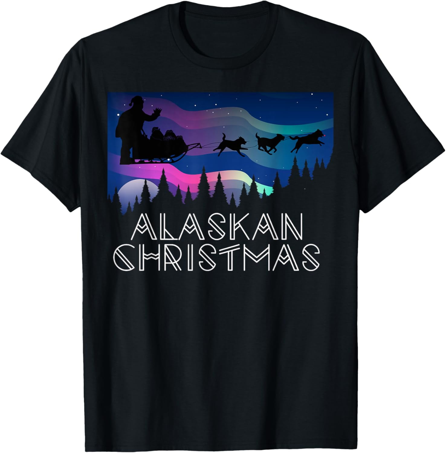 Alaskan Christmas Santa Dog Sled Aurora Borealis T-Shirt men and women ...