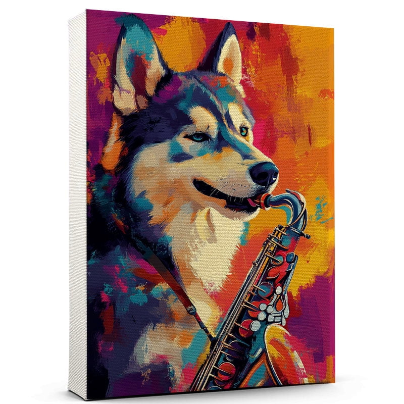 Alaskan Malamute Dog Playing Saxophone Stretched Canvas Size 8x12 ...