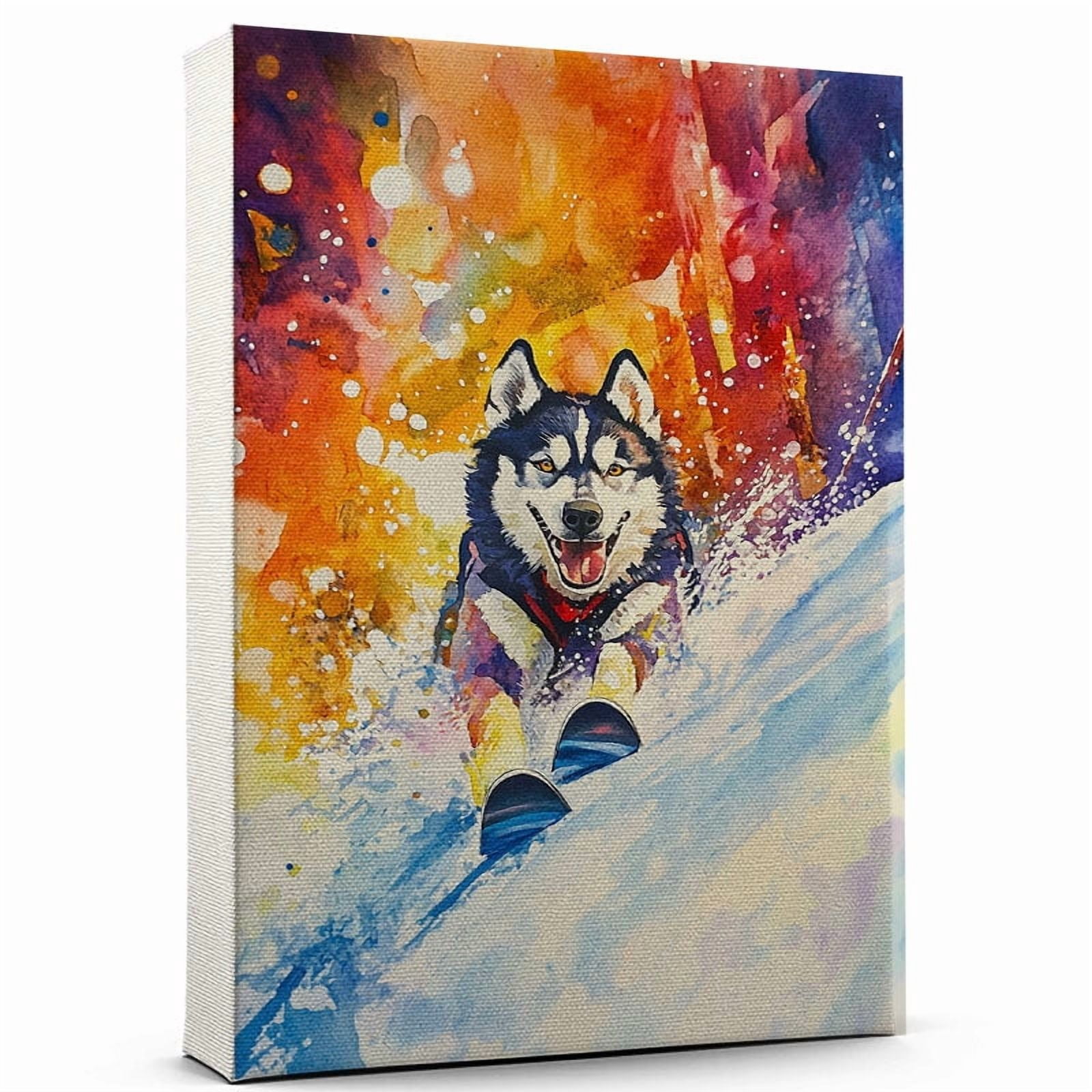 Alaskan Malamute Dog Stretched Canvas Size 8x12 – Skiing Theme Dog Art ...