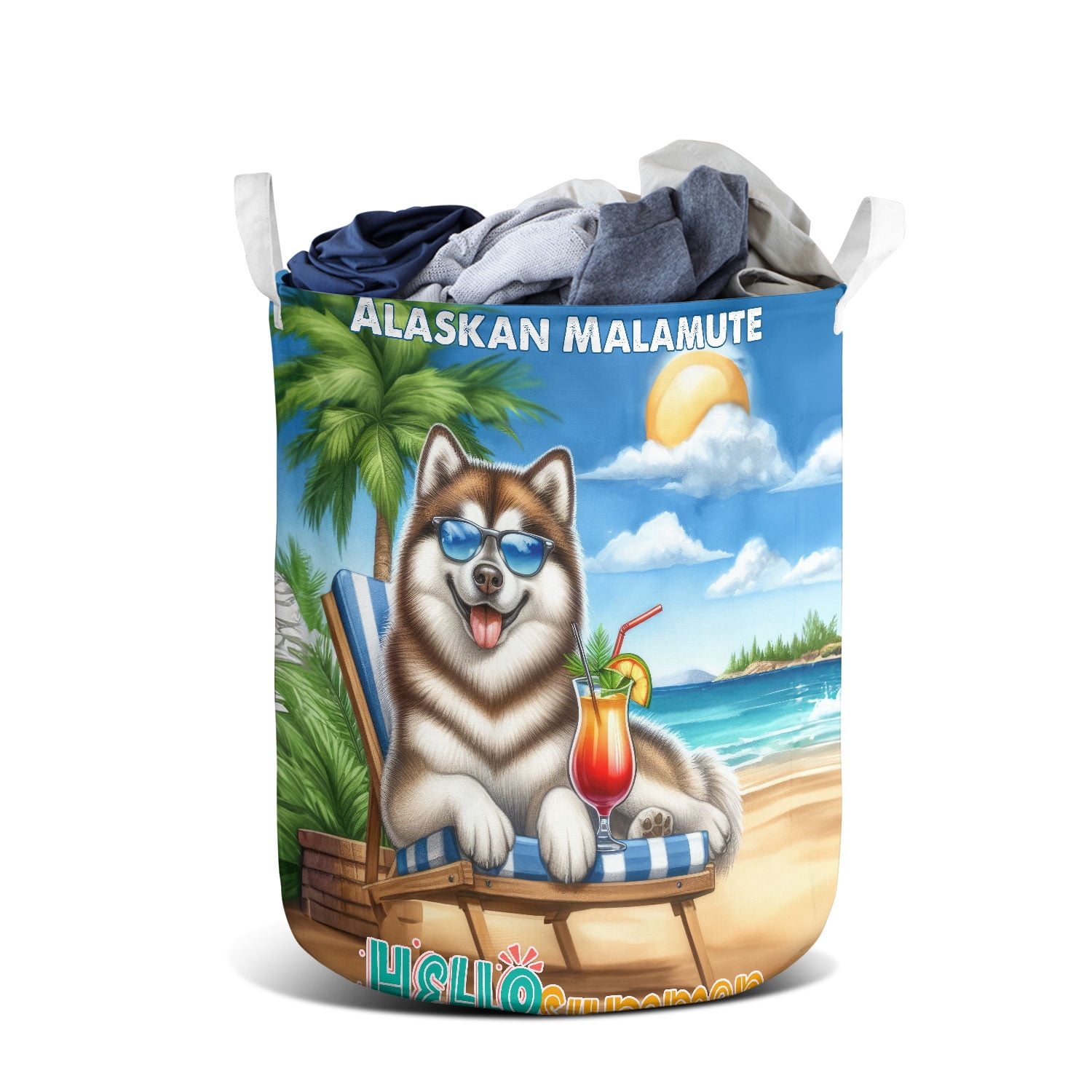 Alaskan Malamute Hello Summer Beach Theme with Sunglasses and Tropical ...