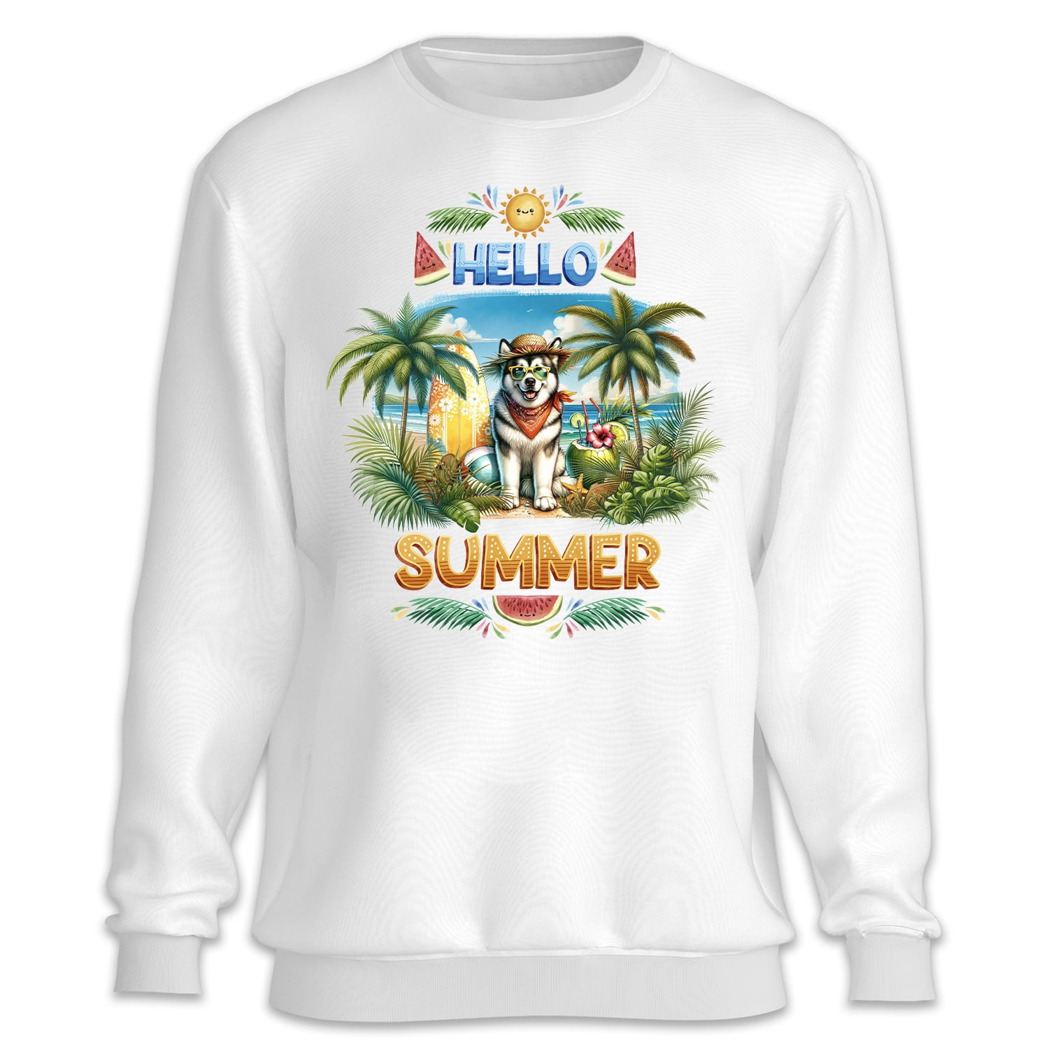 Alaskan Malamute Hello Summer with Sunglasses and Surfboard Tropical ...