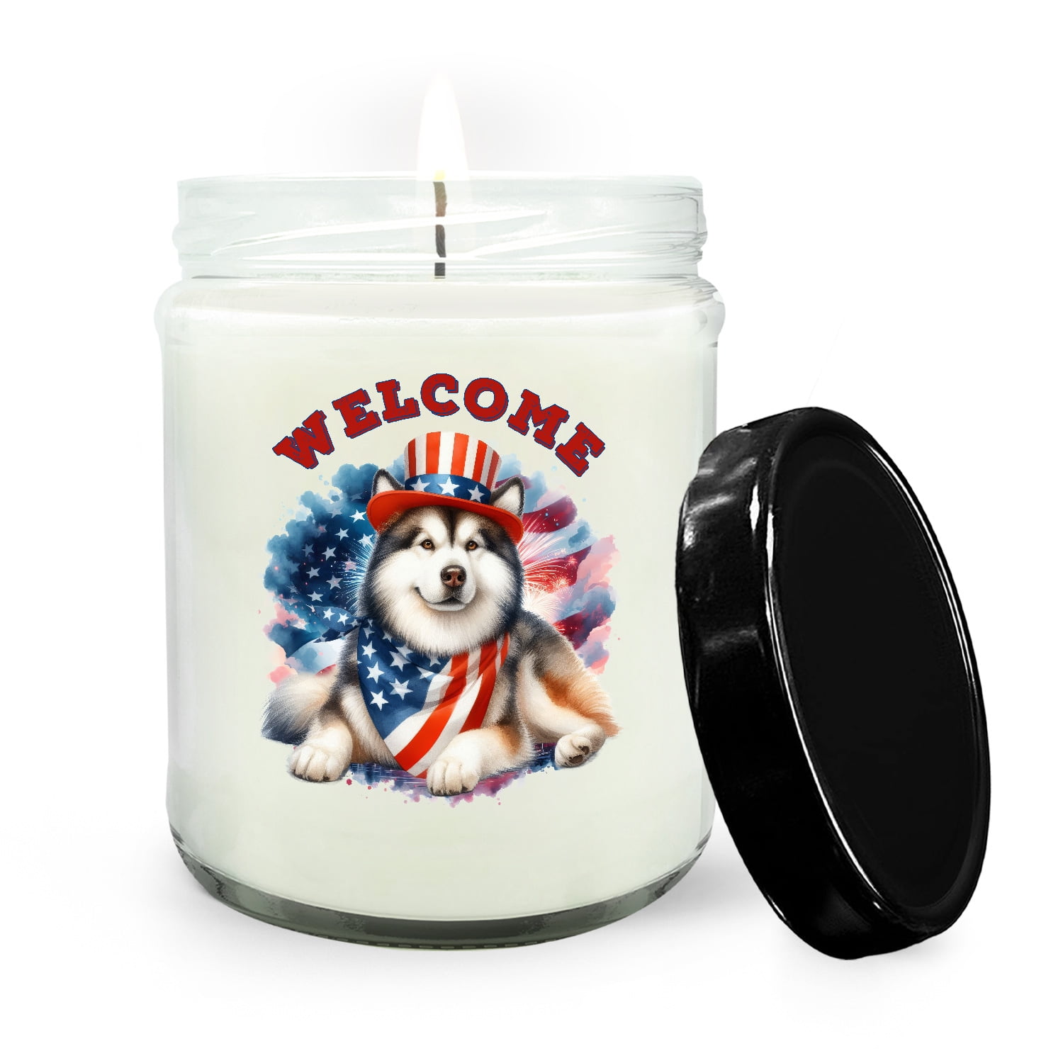 Alaskan Malamute Patriotic Welcome for 4Th of July Independence Day Soy Wax Candle Alaska Mal ...