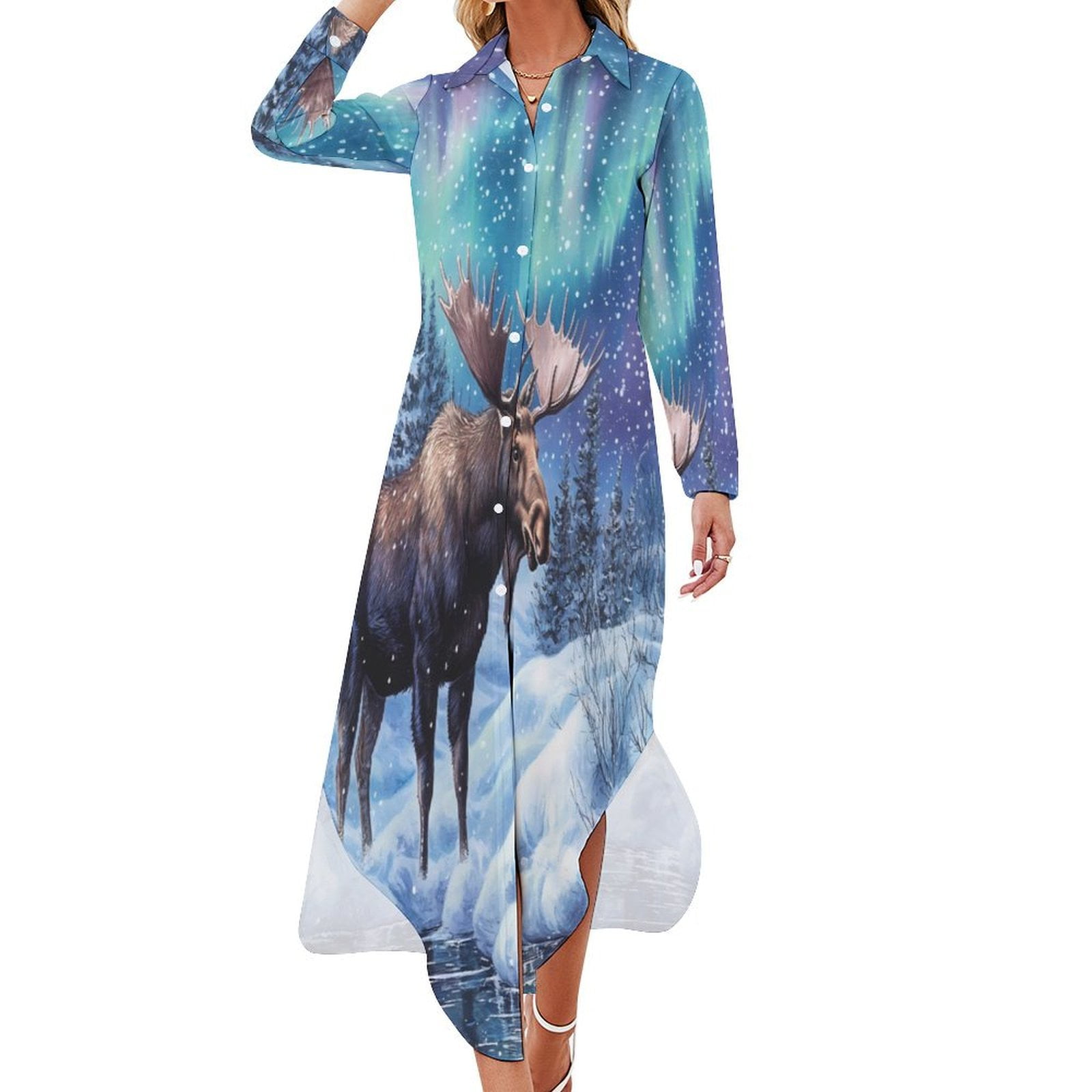 Alaskan Moose with Aurora Borealis Snow Women's Maxi T Shirt Dress Long ...