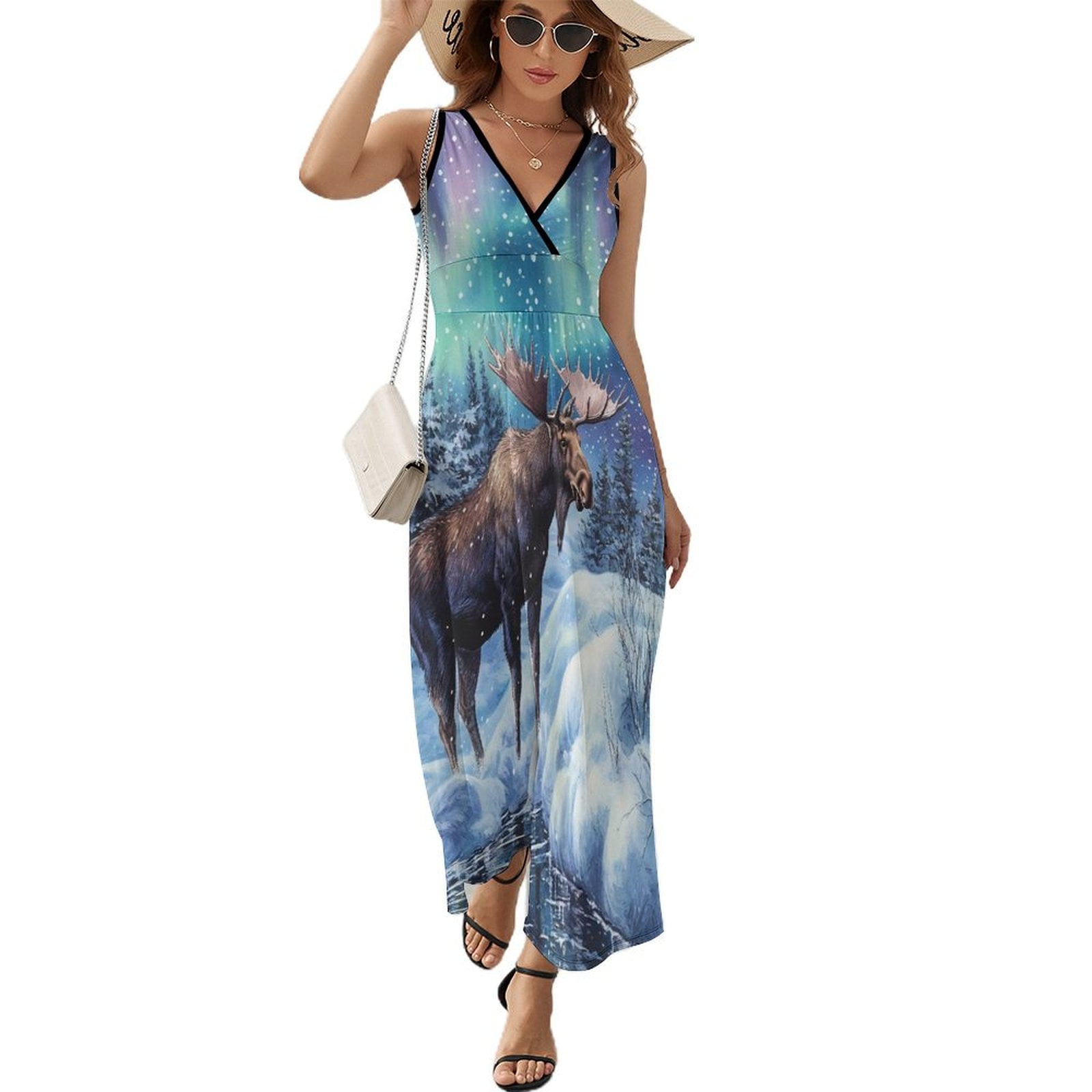 Alaskan Moose with Aurora Borealis Snow Womens V-Neck Maxi Dresses ...