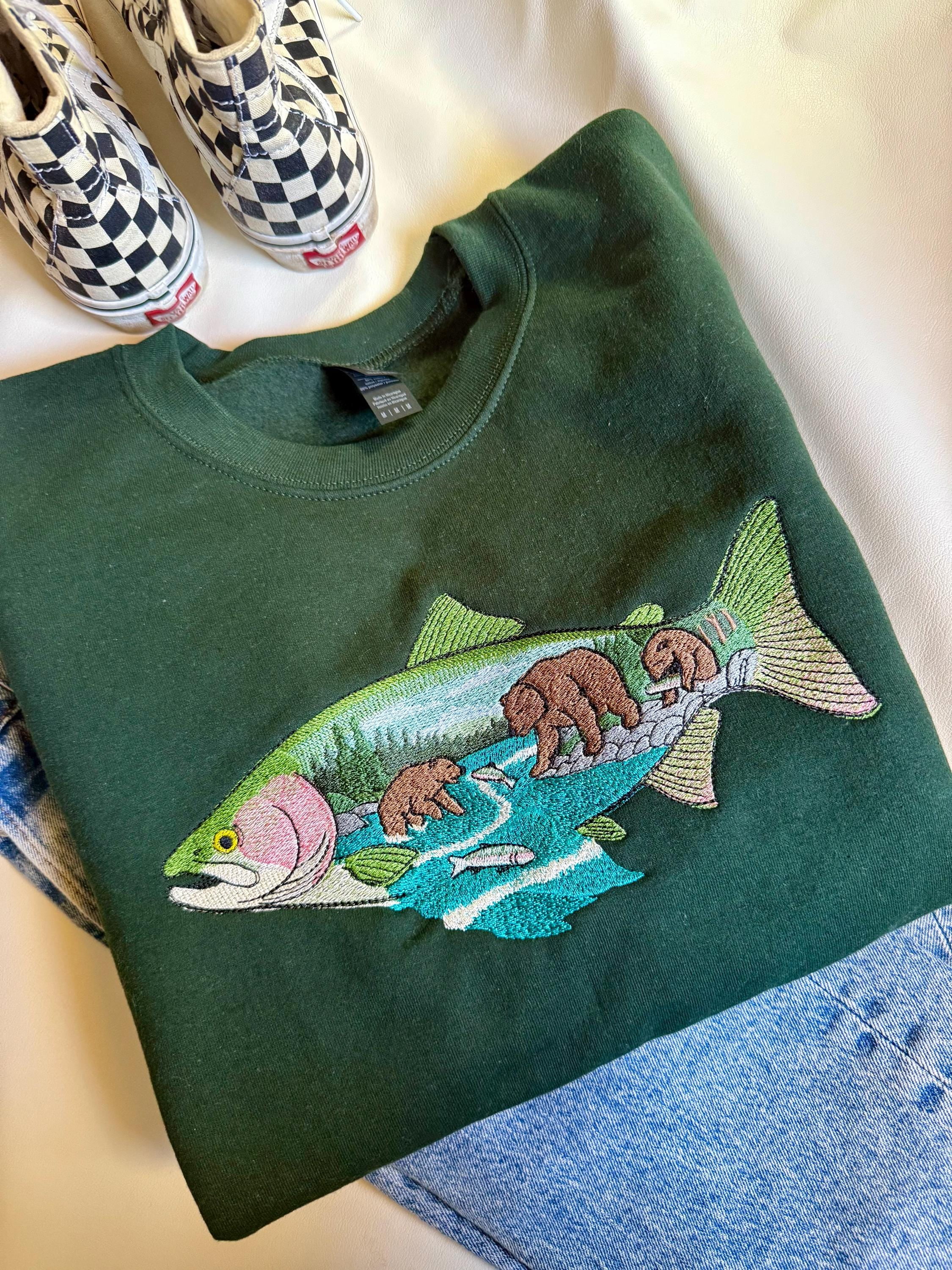 Alaskan Salmon Bear Scene Embroidered Crewneck: Nature Cotton Sweater ...