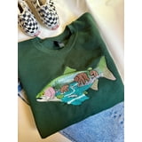 Alaskan Salmon Bear Scene Embroidered Crewneck: Nature Cotton Sweater ...